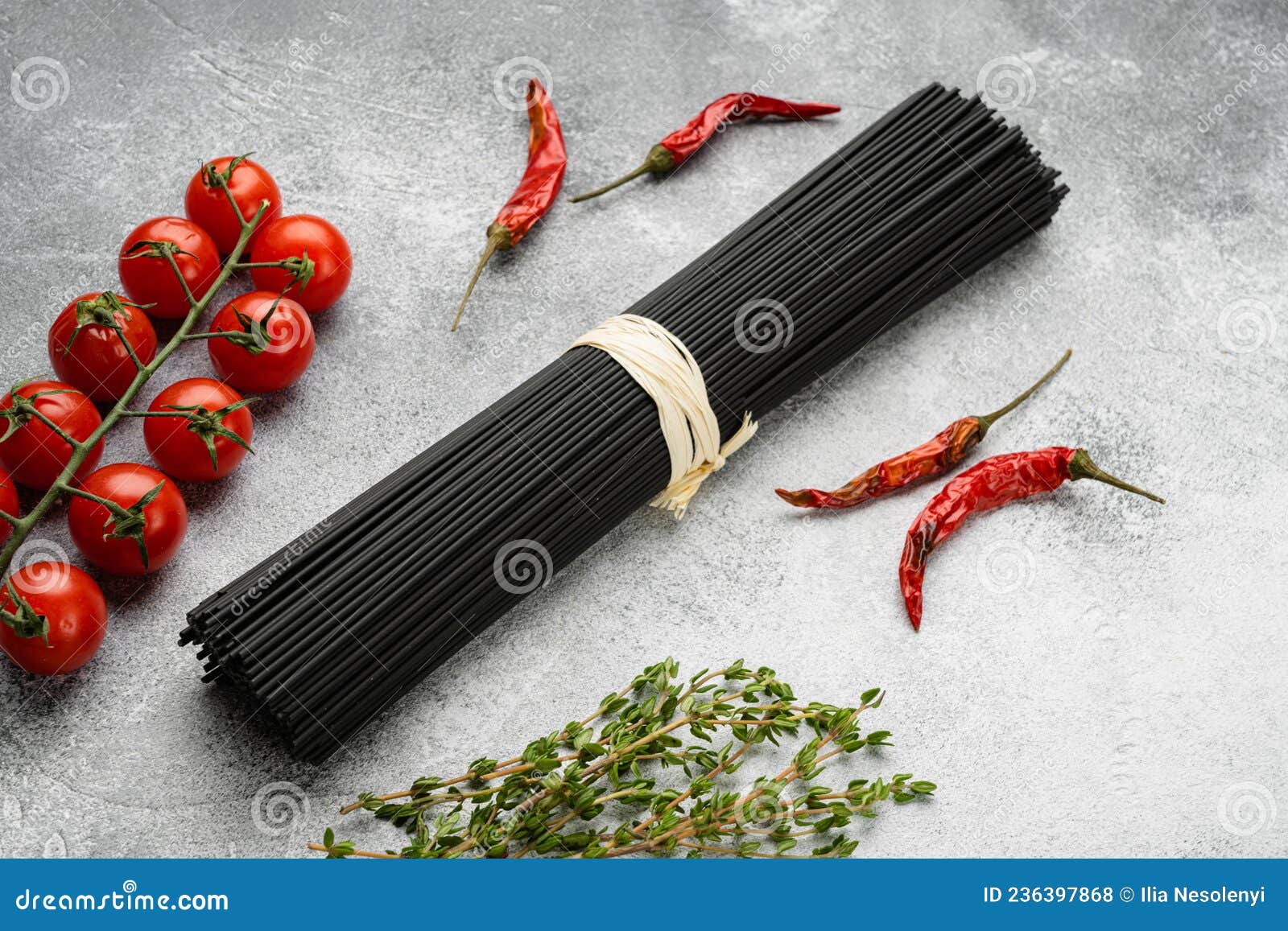 Raw Uncooked Black Cuttlefish Ink Spaghetti, on Gray Stone Table ...
