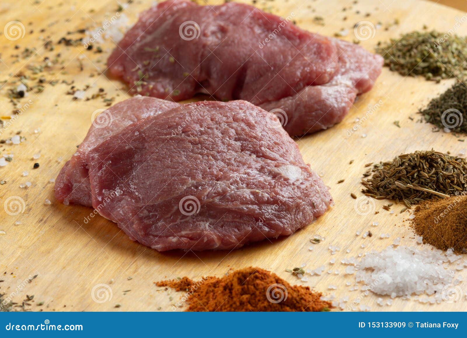 Raw Uncooked Slices of Meat on Wooden Table with Spices Stock Image ...