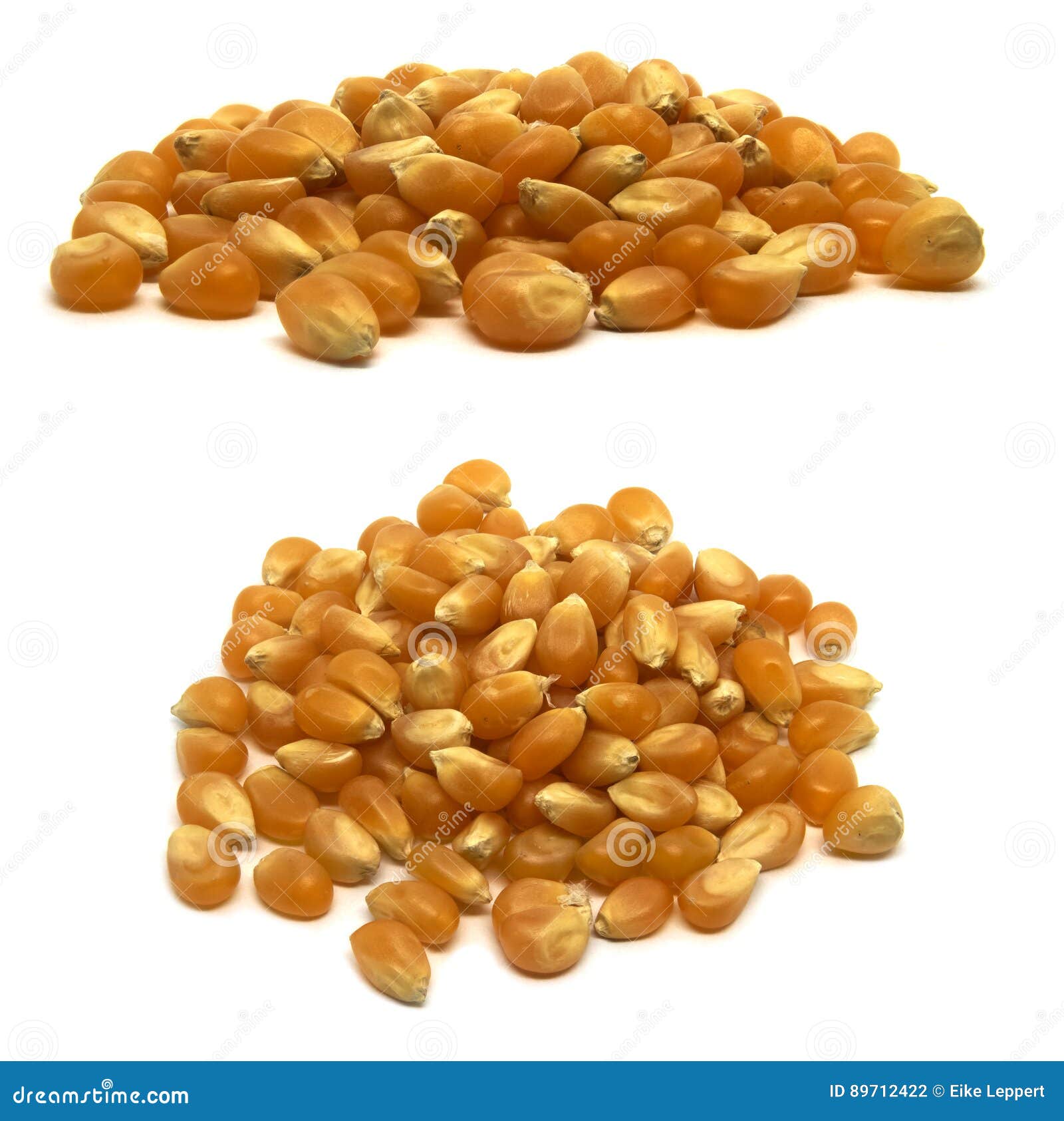 Raw, Uncooked Yellow Popcorn Kernels on a White Background, Two Views ...