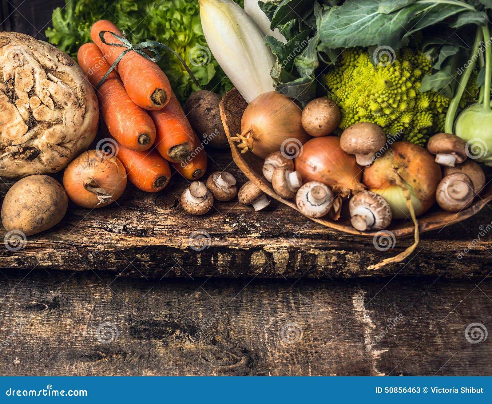 Raw Vegetables and Edible Root Various on Dark Wooden Rustic Background ...