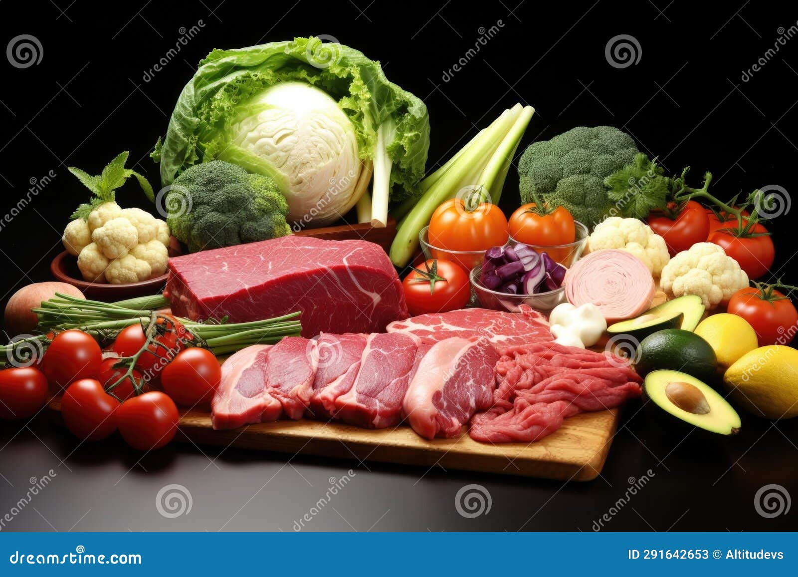 Raw Vegetables and Meat, Arranged As Part of a Balanced Diet Stock ...
