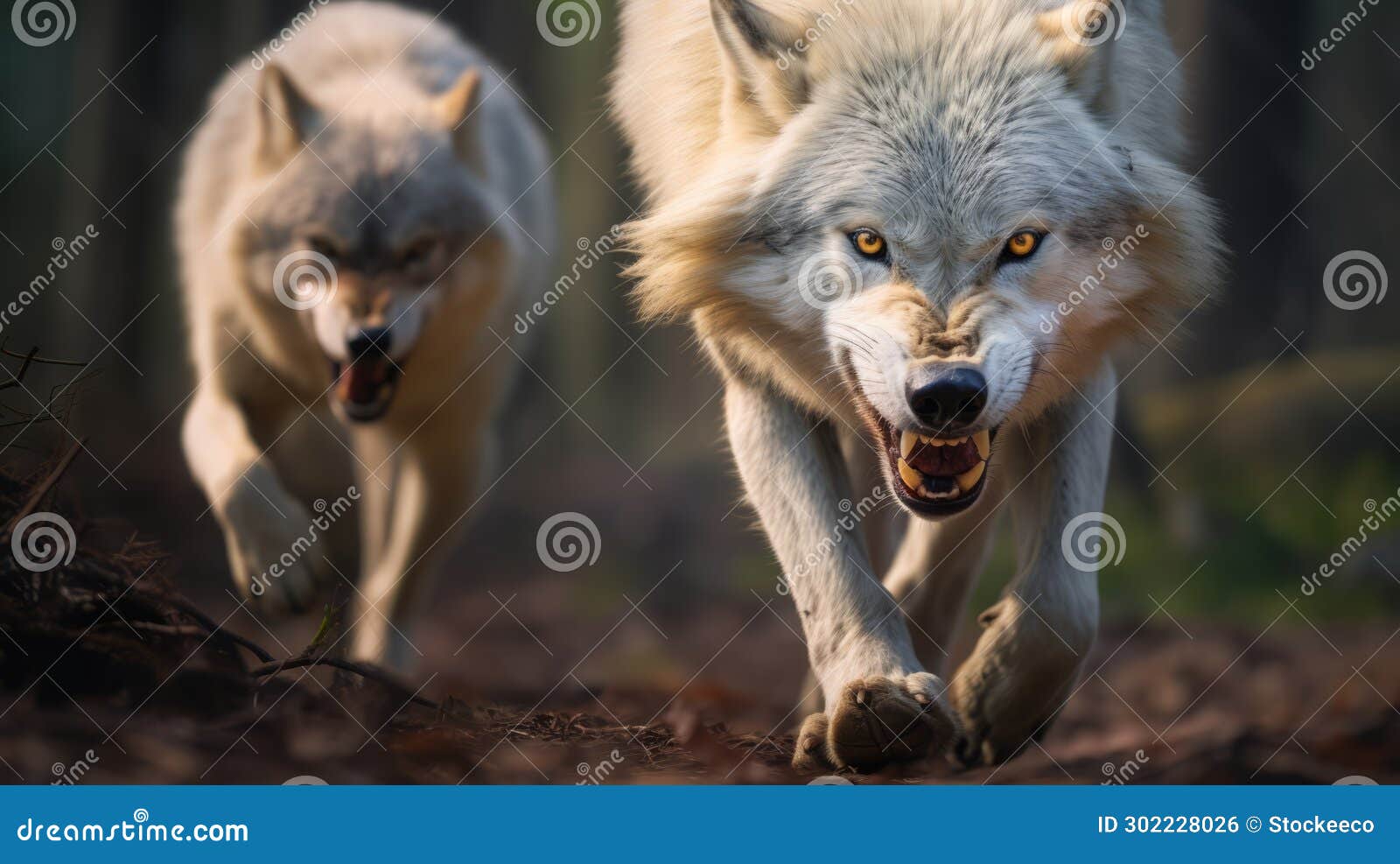 Raw Vulnerability: a Close-up of Two Wolves Running in the Forest Stock ...