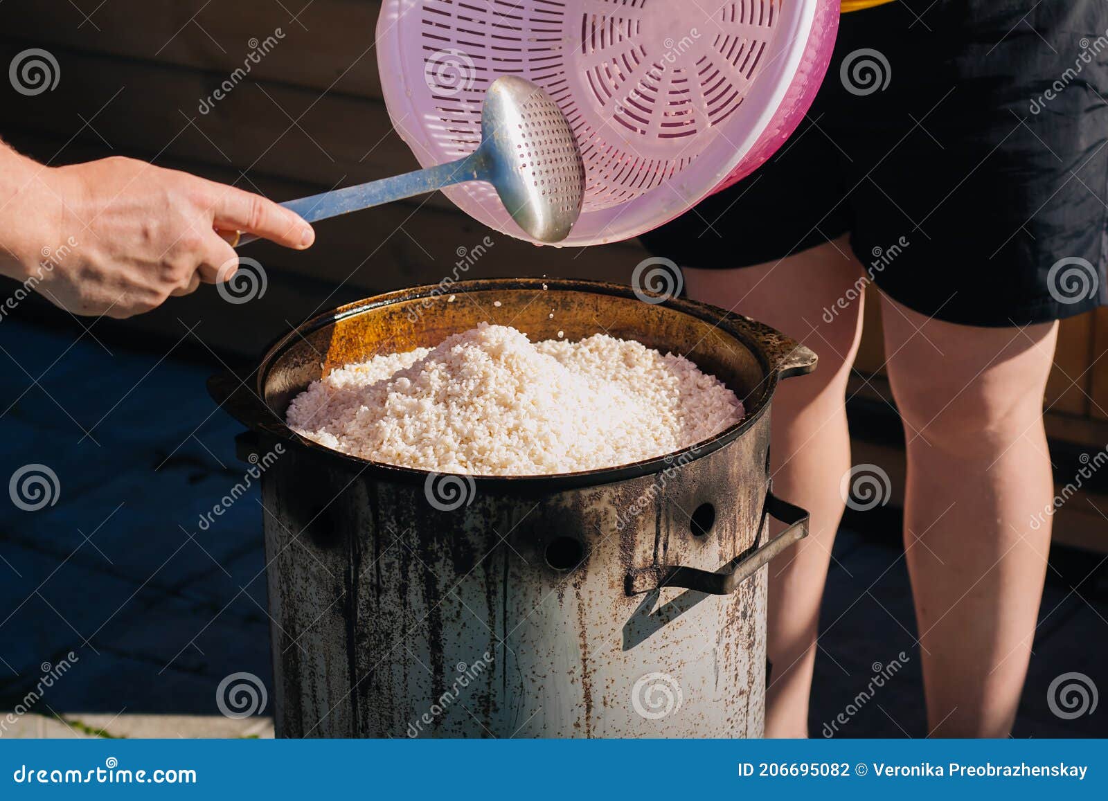 Raw Washed White Rice is Poured into a Cauldron Stock Photo - Image of ...