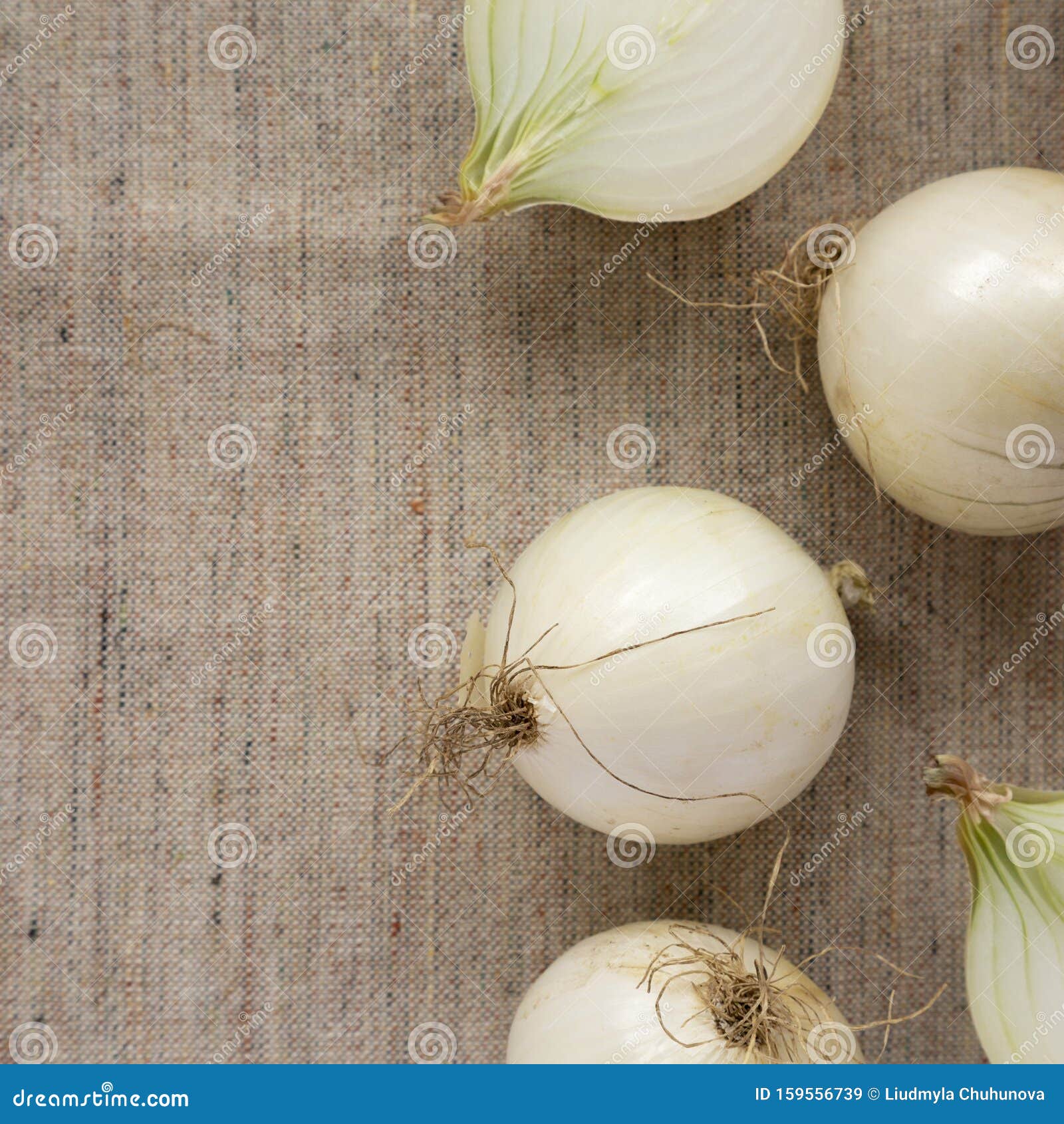Raw White Onions on Cloth, Overhead View. Flat Lay, Top View, from ...