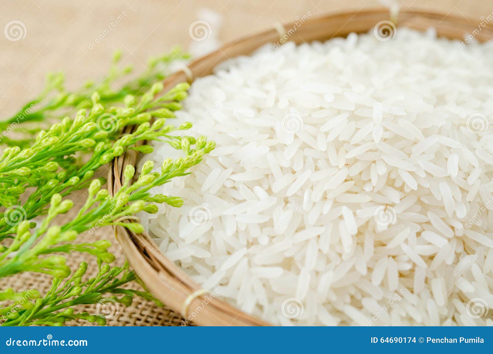 Raw White Rice in Weave Basket. Stock Photo - Image of chinese, long ...