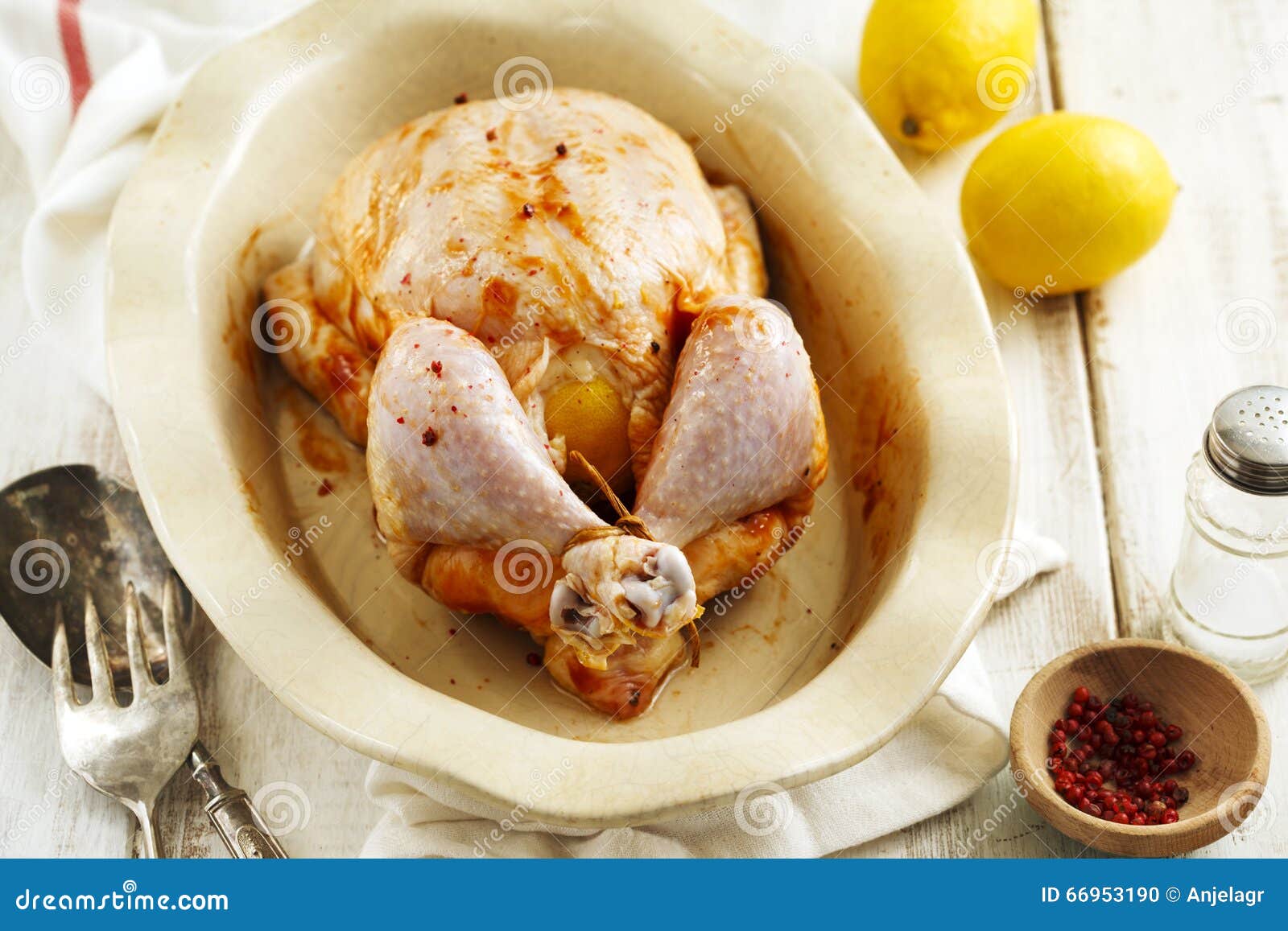 Raw Whole Chicken Stuffed Lemon Spices Preparing Cooking Stock Photos ...