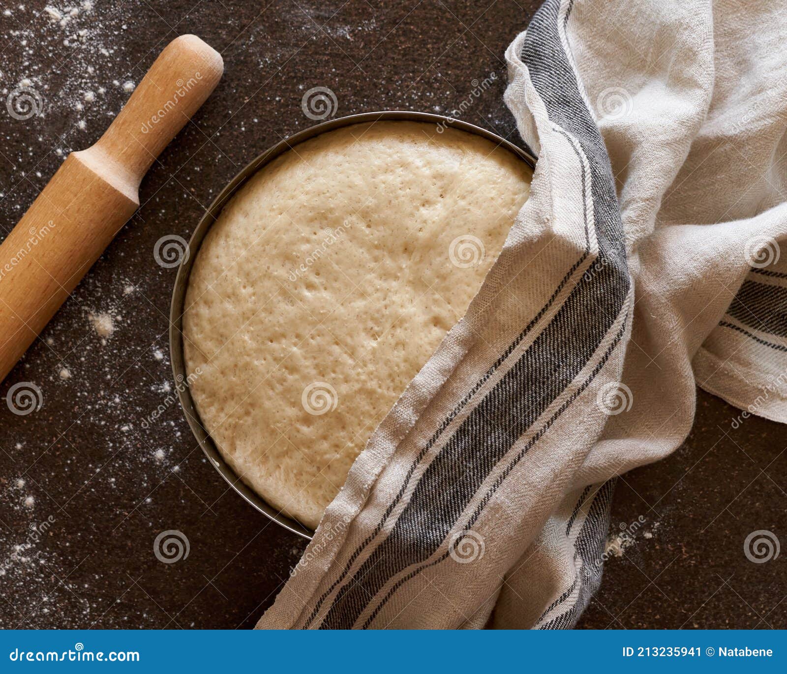 Raw Yeast Dough Resting and Rising in Large Metal Bowl Covering with ... Raw Yeast Dough Resting and Rising in Large Metal Bowl Covering with ...