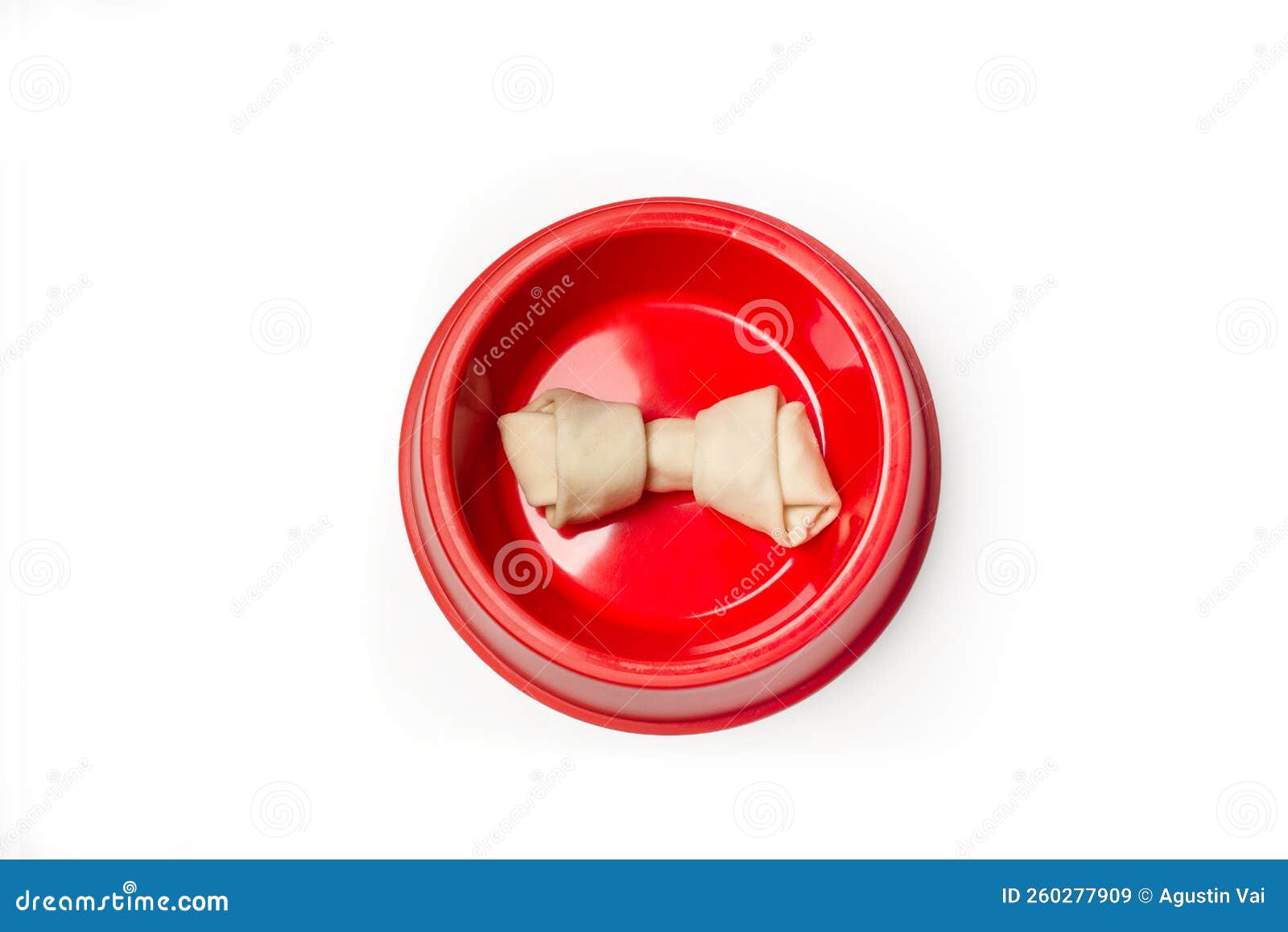A Rawhide Bone in a Red Pet Bowl on a White Background Stock Image ...