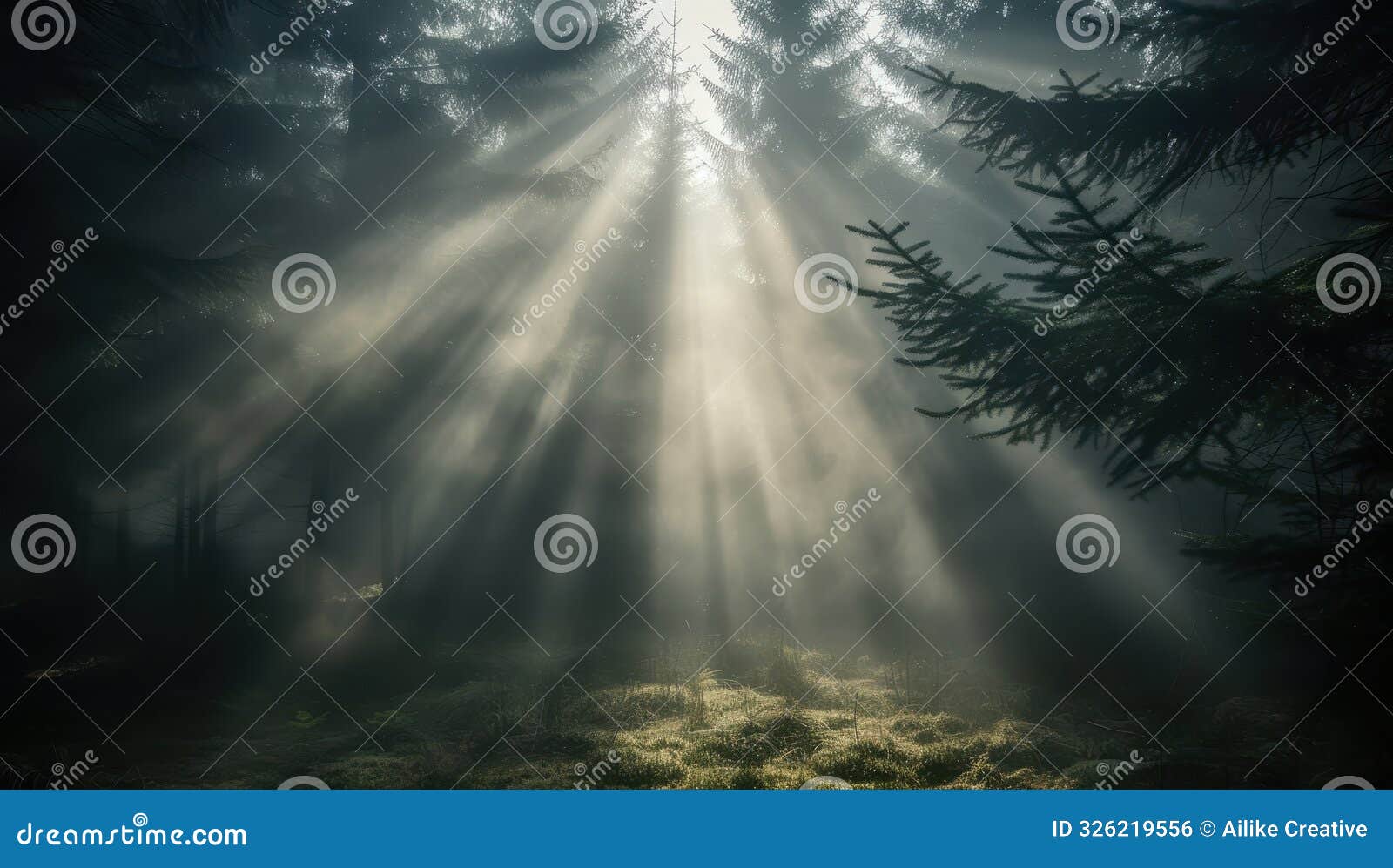 Rays of Heavenly Light Break through a Dark Forest Canopy Stock ...