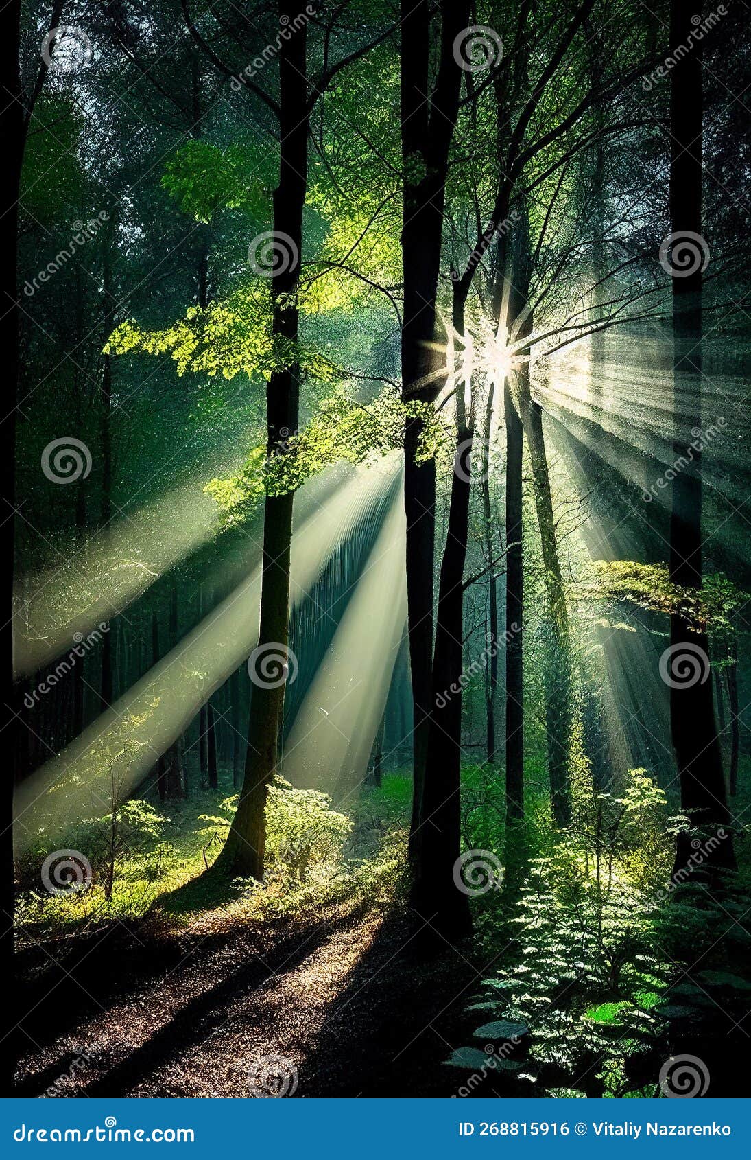 Rays of Light Shine through the Branches of Trees in the Forest. AI ...