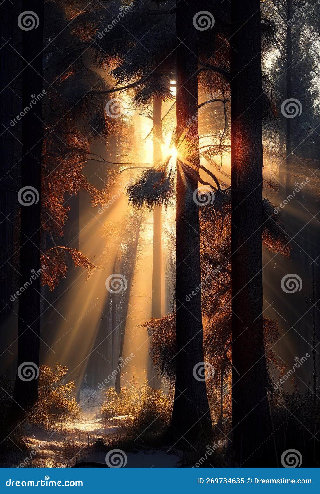 Rays of Light Shine through the Branches of Trees in the Forest. AI ...