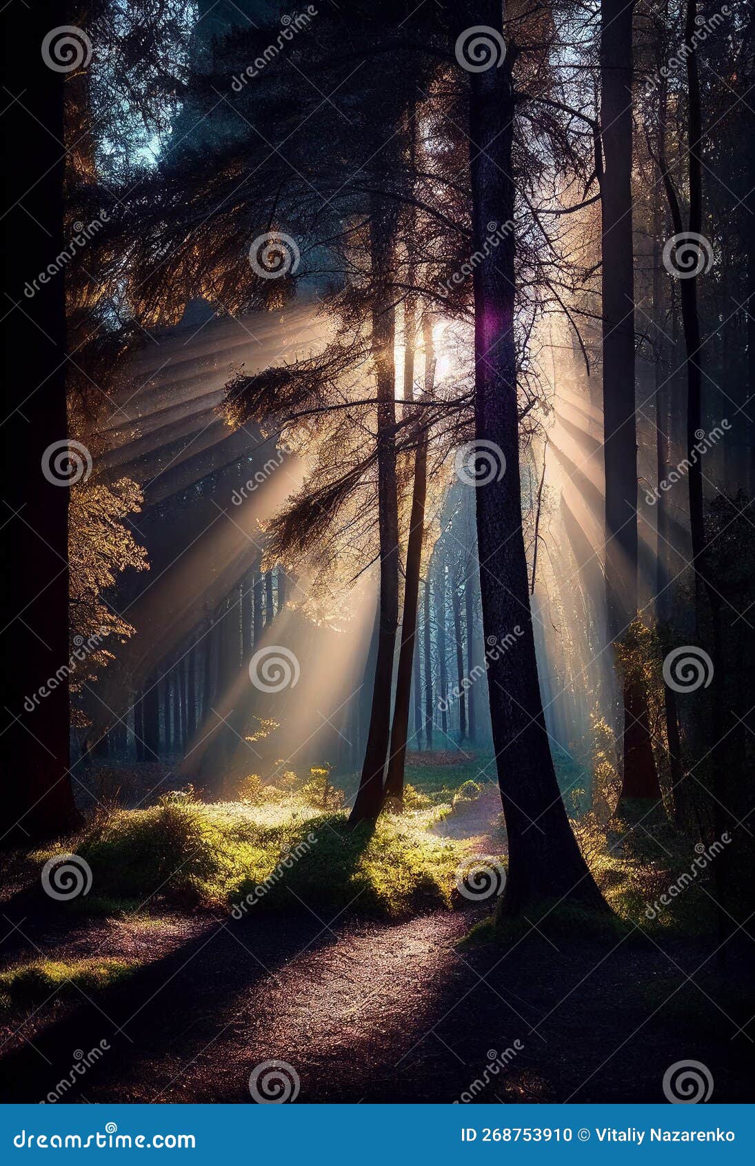 Rays of Light Shine through the Branches of Trees in the Forest. AI ...