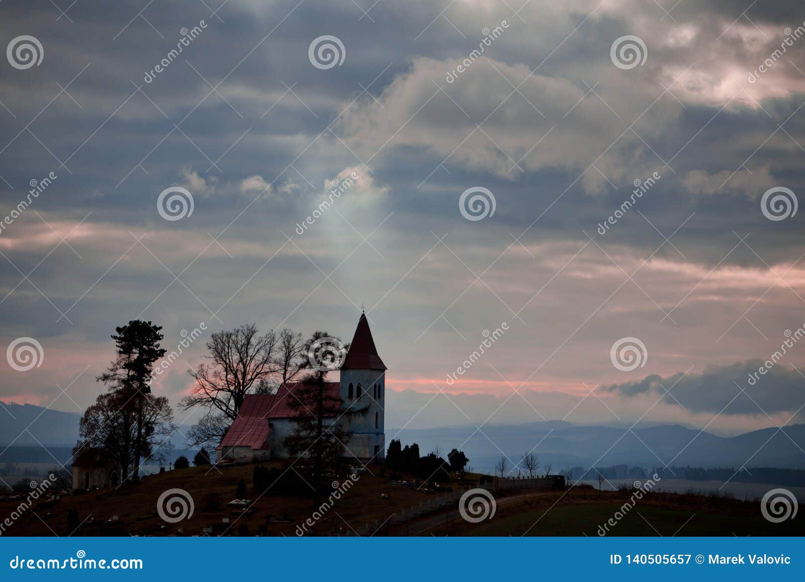 Rays of the Sun Pointing To Church on the Horizon. Stock Image - Image ...