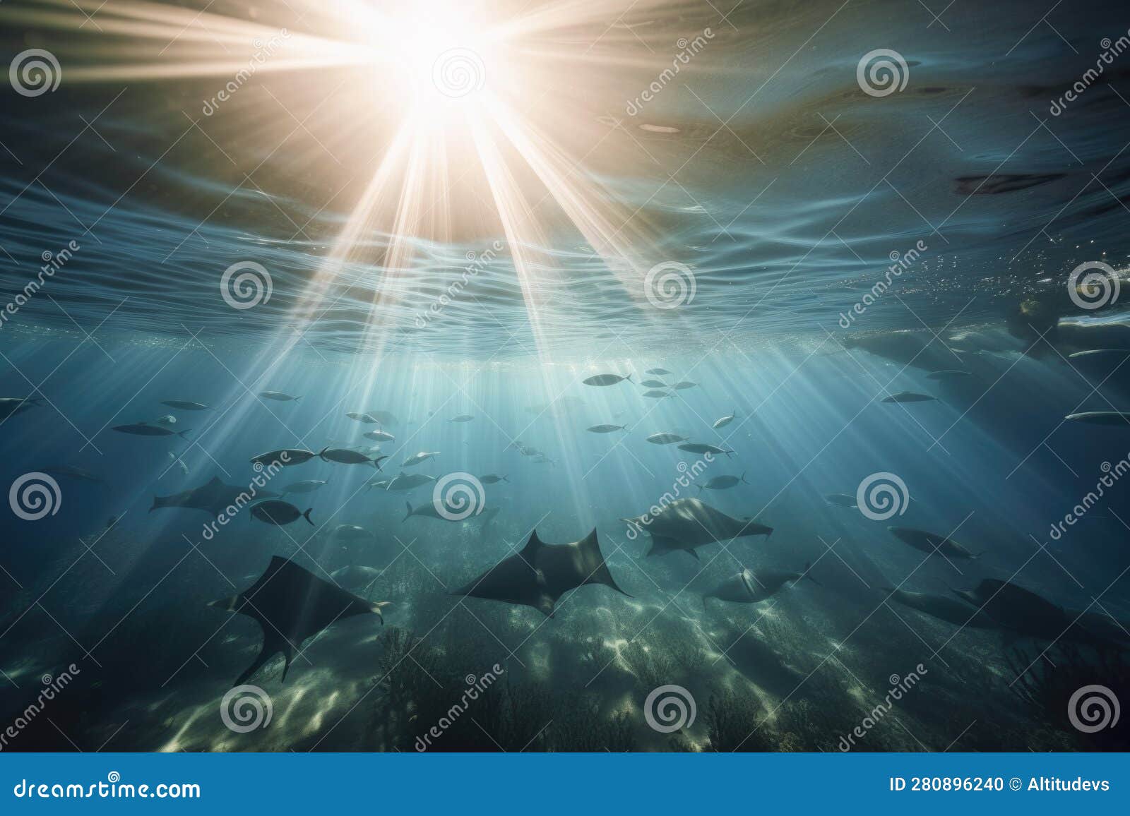 Rays Swimming in a Pool of Water, with Sunlight Shining through the ...
