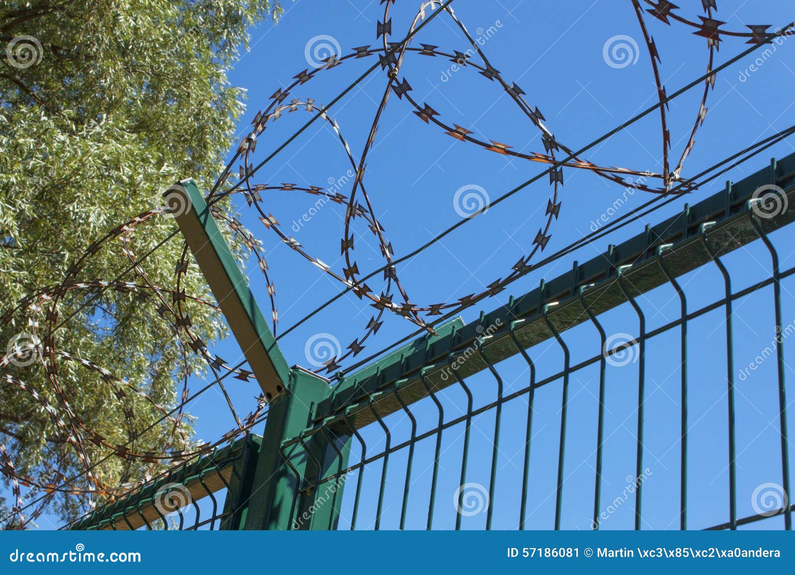Razor Barbed Wire Against a Blue Sky Stock Image - Image of fence ...