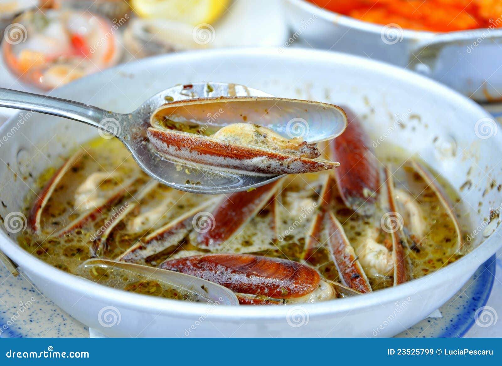 Razor Clams Cooked in White Sauce (Saganaki) Stock Image - Image of ...