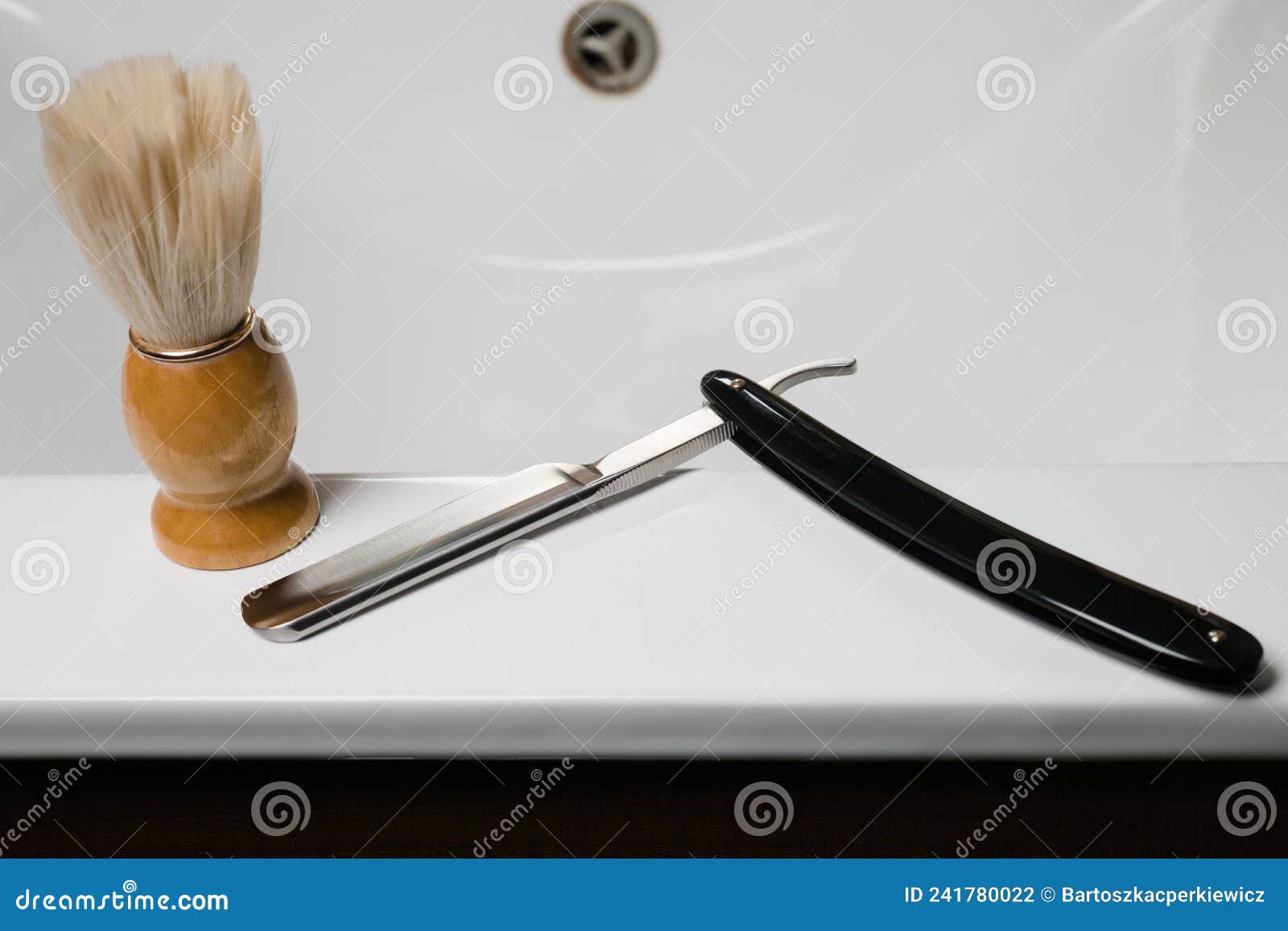 Razor and a Shaving Brush on the Edge of a Sink Stock Photo - Image of ...
