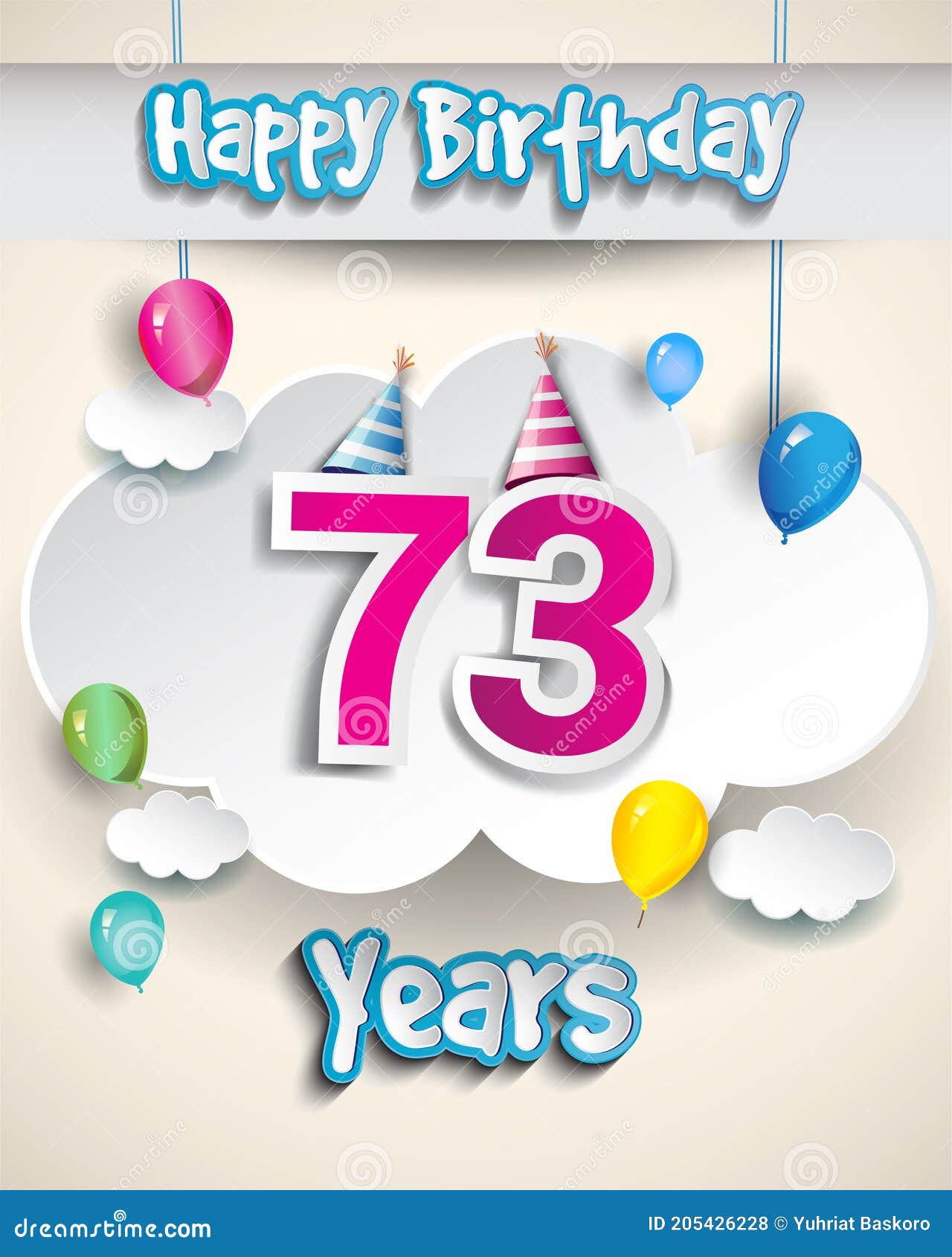 73rd Anniversary Celebration Design, with Clouds and Balloons, Confetti ...