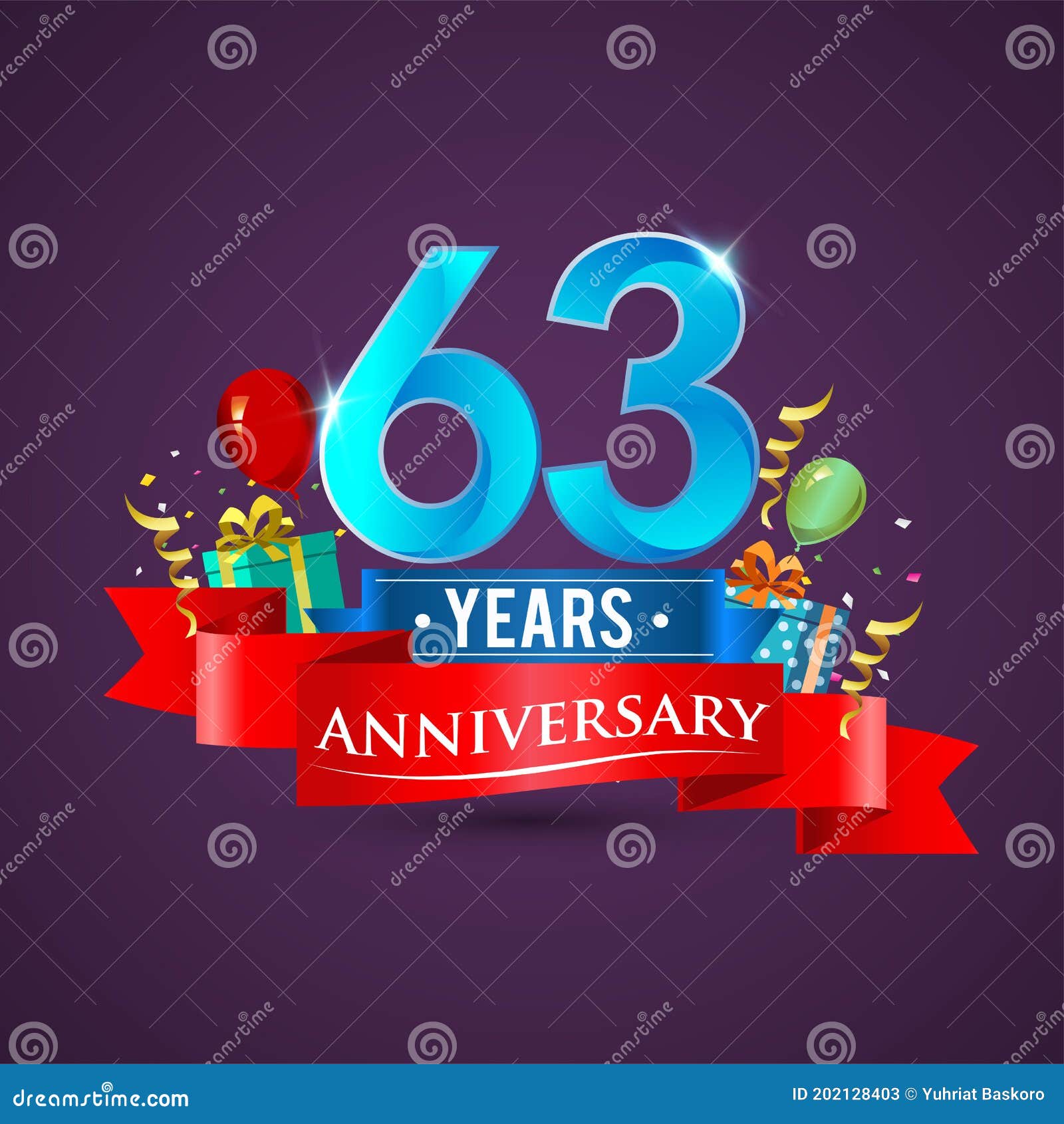 63rd Anniversary Celebration Logo, with Gift Box and Balloons, Red ...