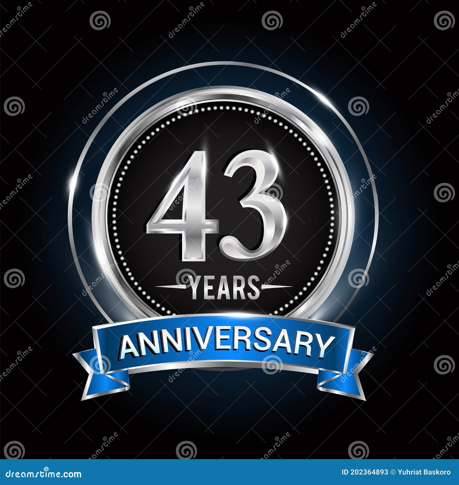 43rd Birthday Logo with Silver Ring and Blue Ribbon, Vector Design ...