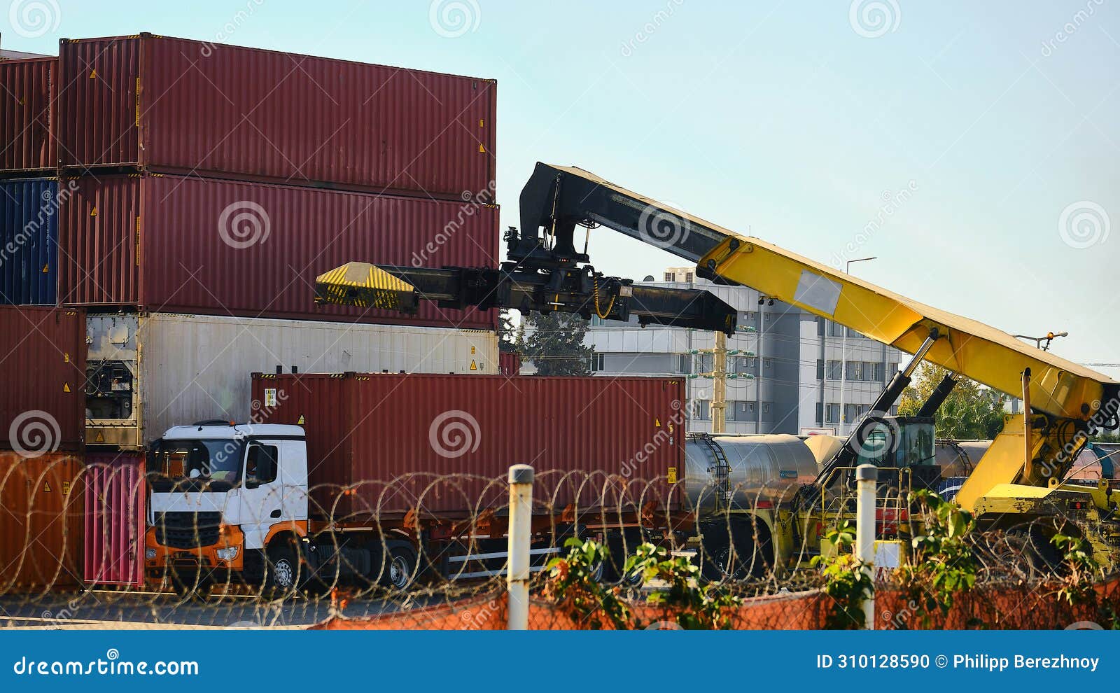 Reach-stacker and Container Truck Stock Photo - Image of work, lift ...