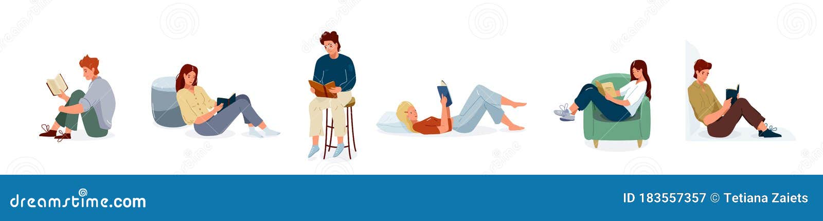 Read Book Vector Illustration. Set of People Reading Books in Different ...