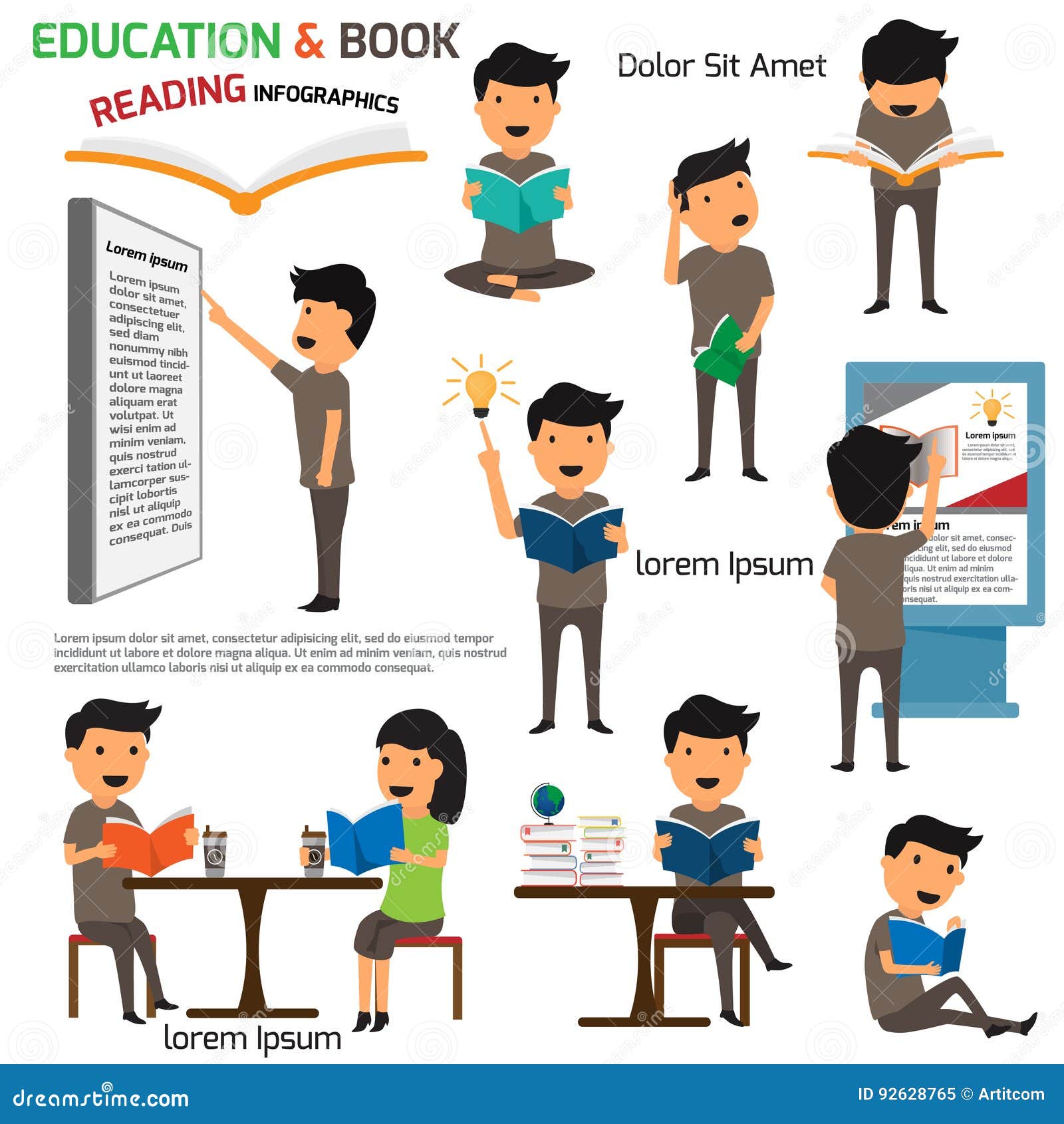 Read and Education Infographics Elements. Activities in Reading Stock ...