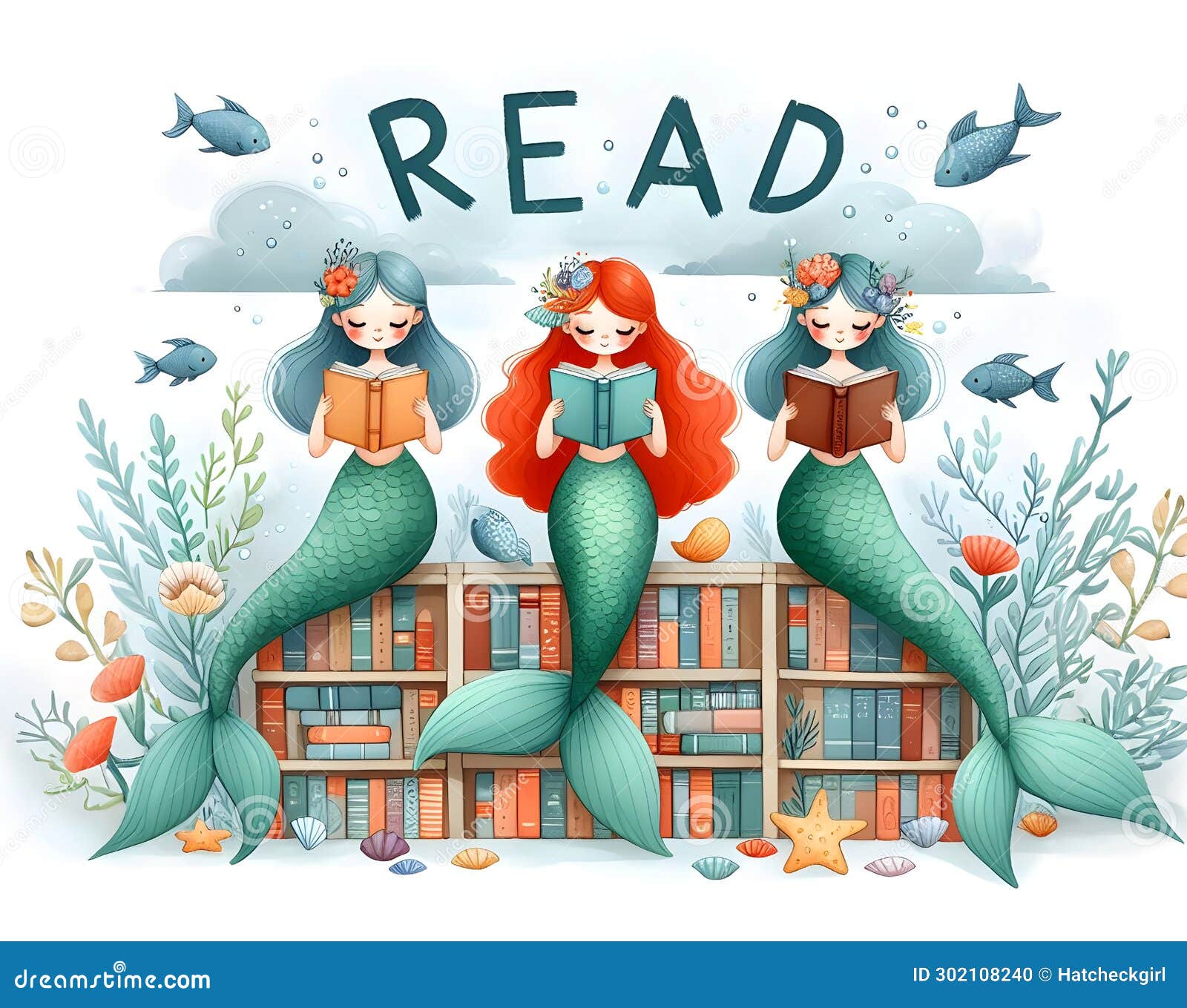 Read Poster with Mermaids Reading in a Library Stock Photo - Image of ...