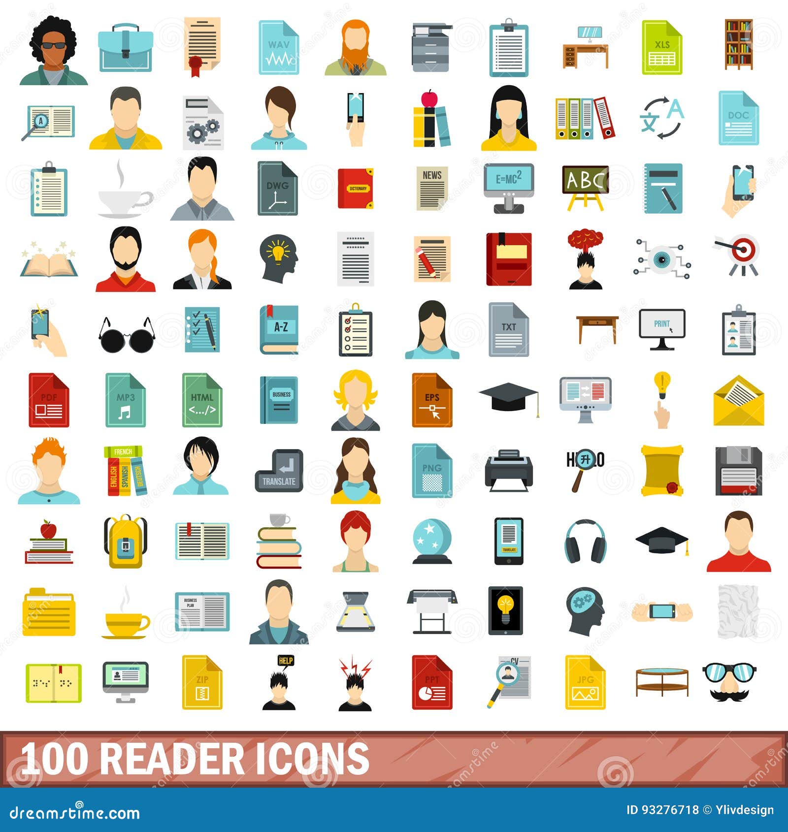 100 Reader Icons Set, Flat Style Stock Vector - Illustration of ...