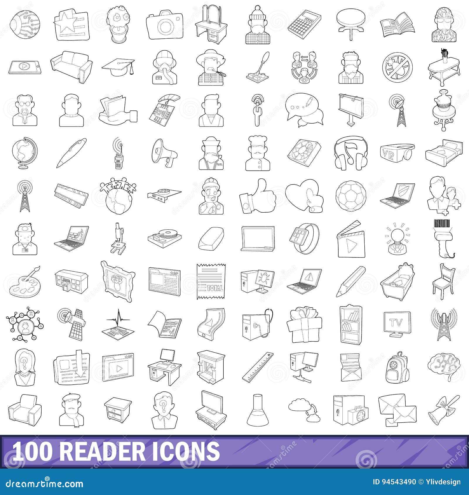 100 Reader Icons Set, Outline Style Stock Vector - Illustration of card ...