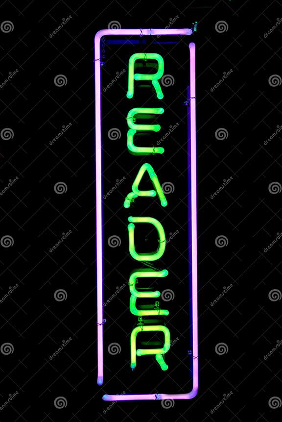 Reader Neon Sign stock photo. Image of green, reading - 5852256