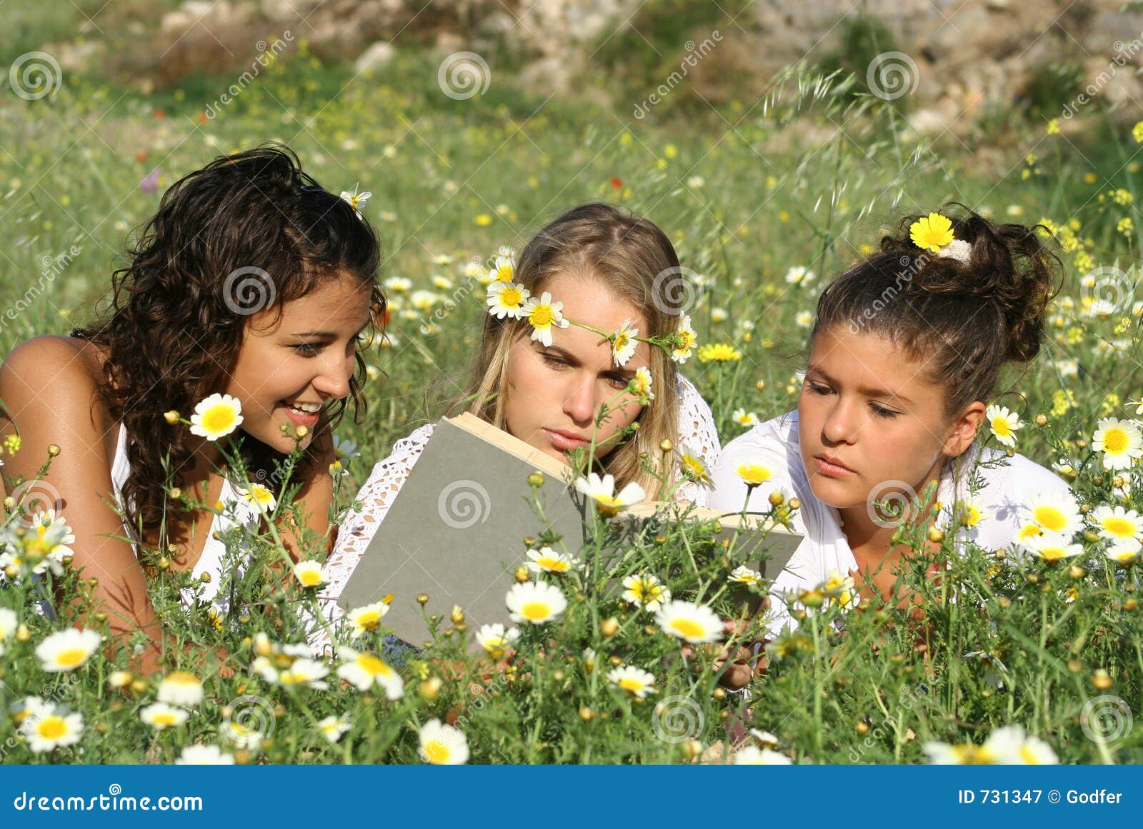 Reading stock image. Image of flowers, grass, girl, joyful - 731347