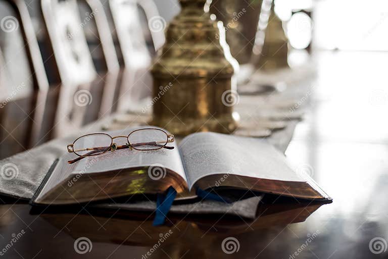 Reading the Bible with Reading Glasses Stock Image - Image of antique ...