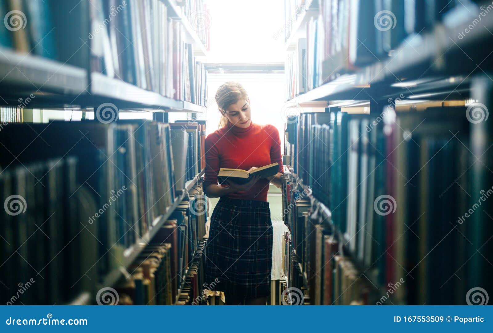 Young Librarian Reading a Book Stock Image - Image of girl, library ...