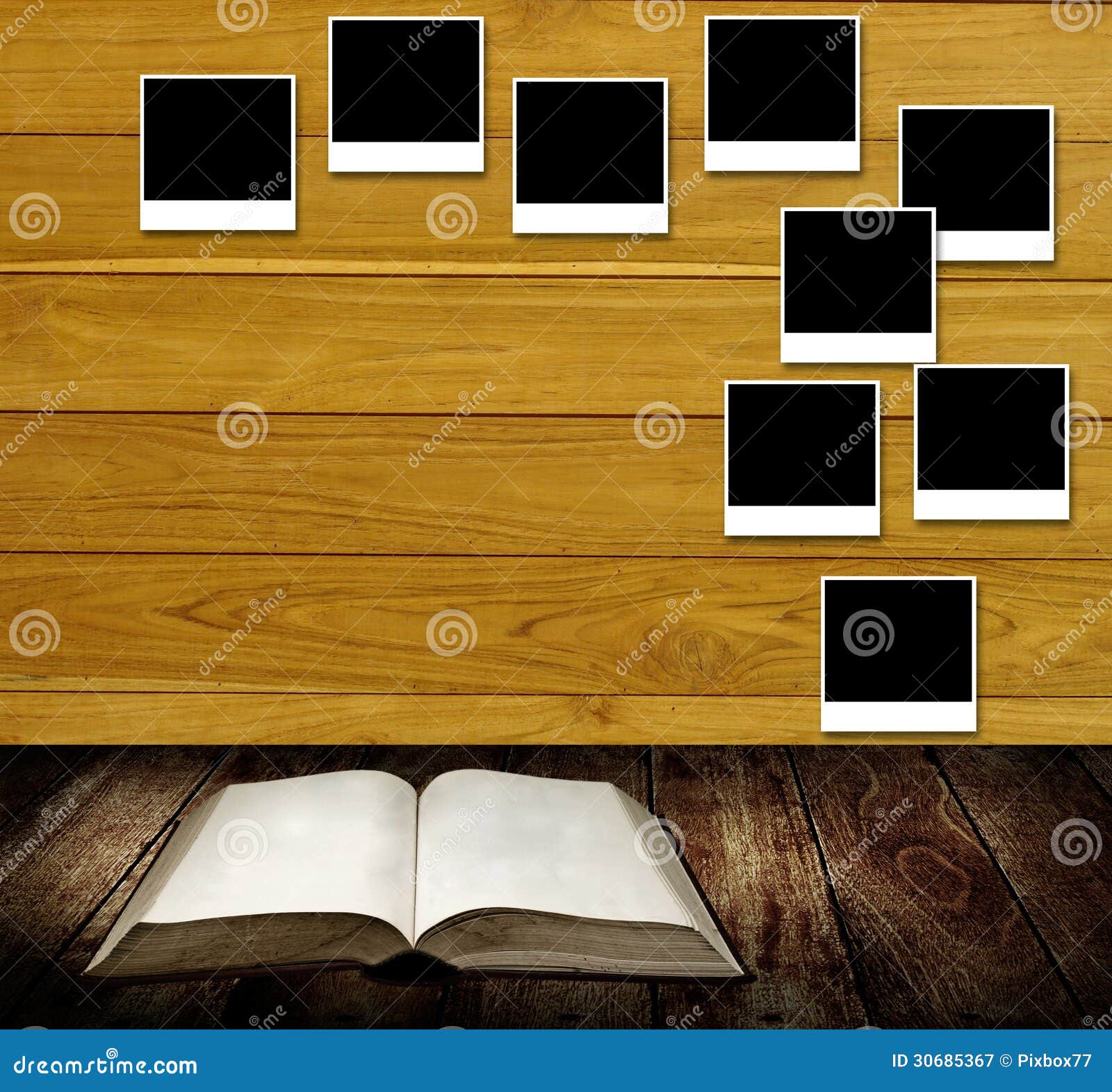 Reading Book with Photo Frames Post on Wooden Wall Stock Image - Image ...