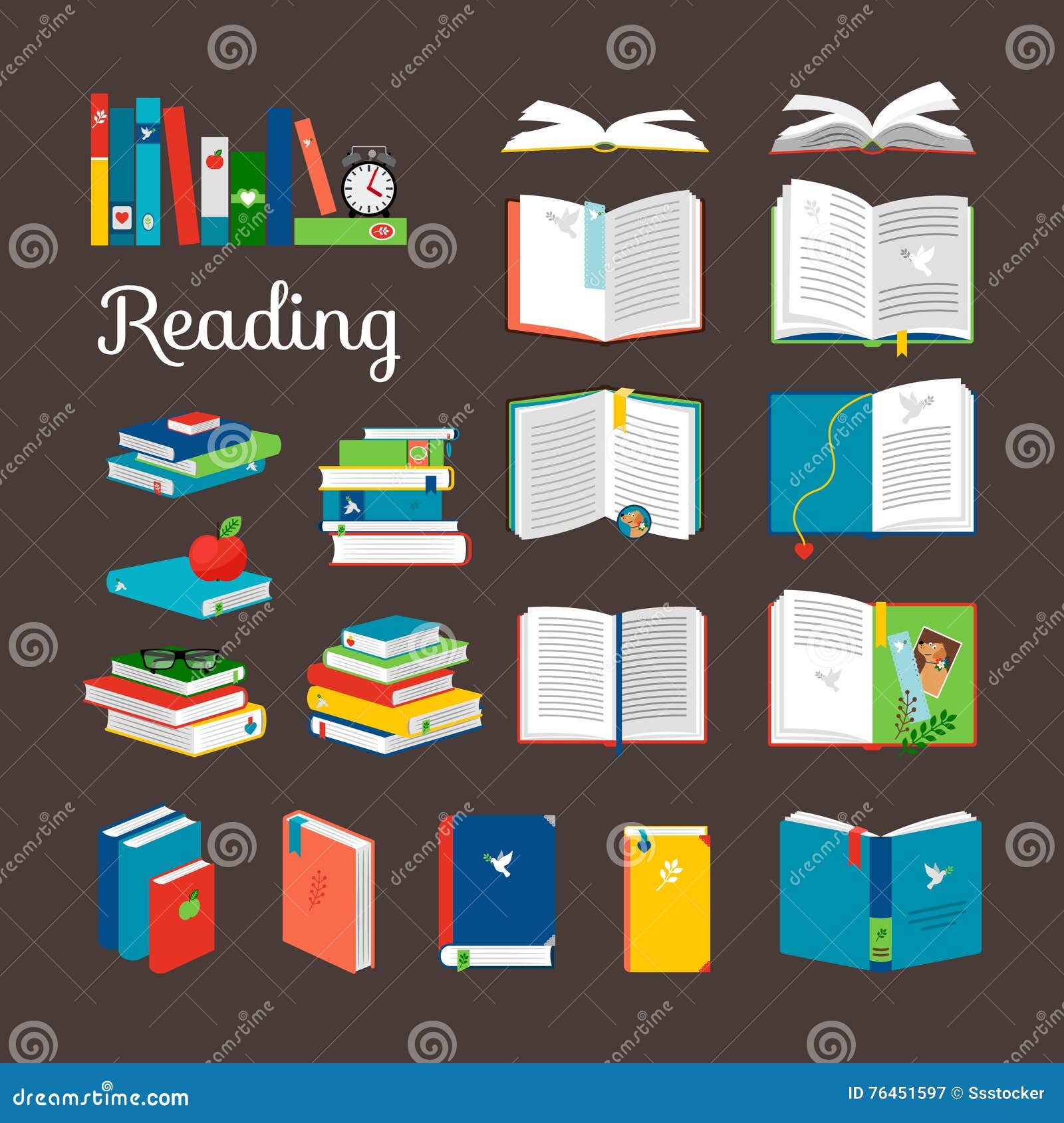 Reading Book Vector Cartoon Icons Set Stock Illustration - Illustration ...