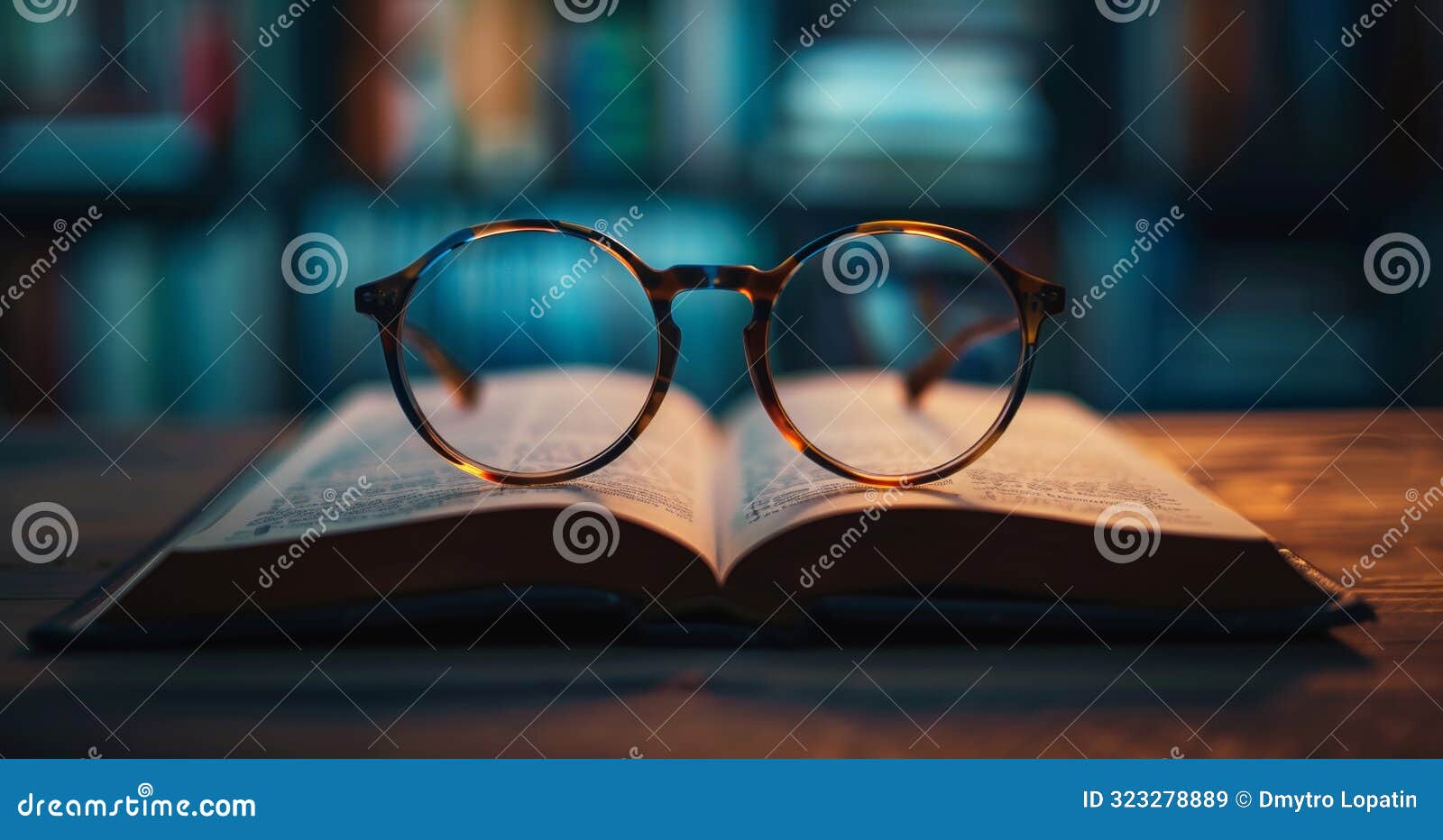 Reading Eyeglasses Lying on Open Book Page in University Library or ...