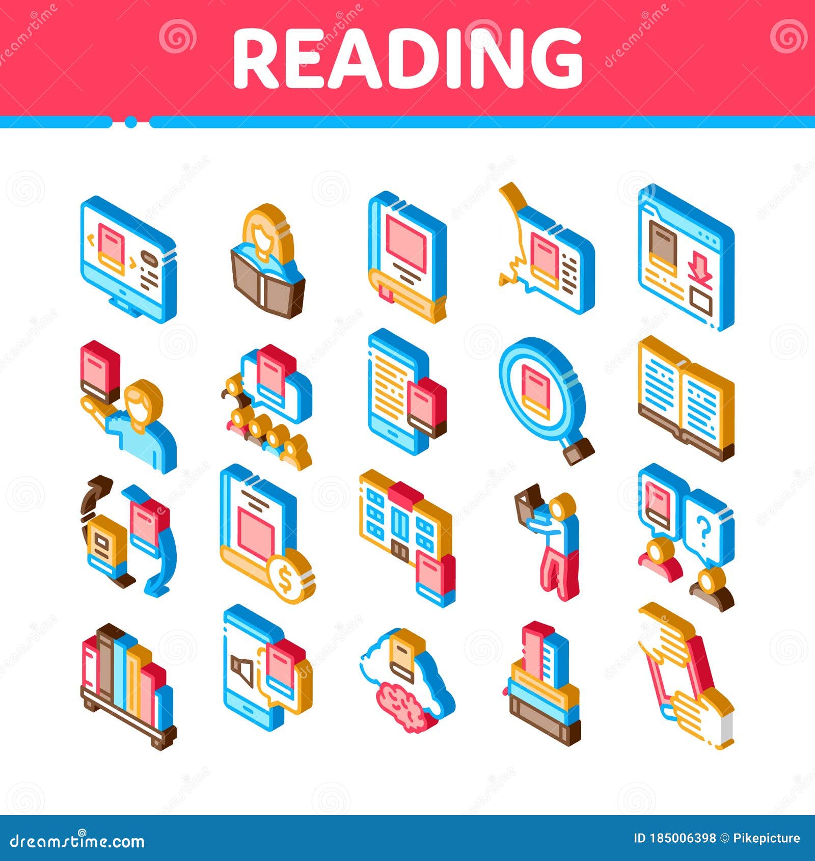Reading Library Book Isometric Icons Set Vector Stock Vector ...