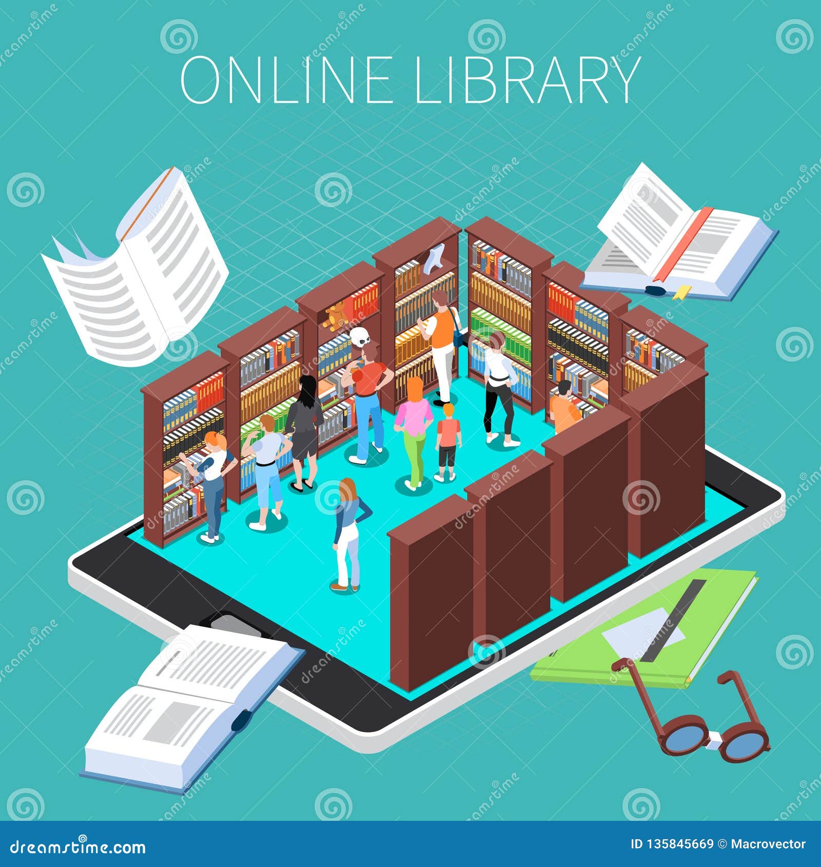 Reading and Library Composition Stock Vector - Illustration of ...