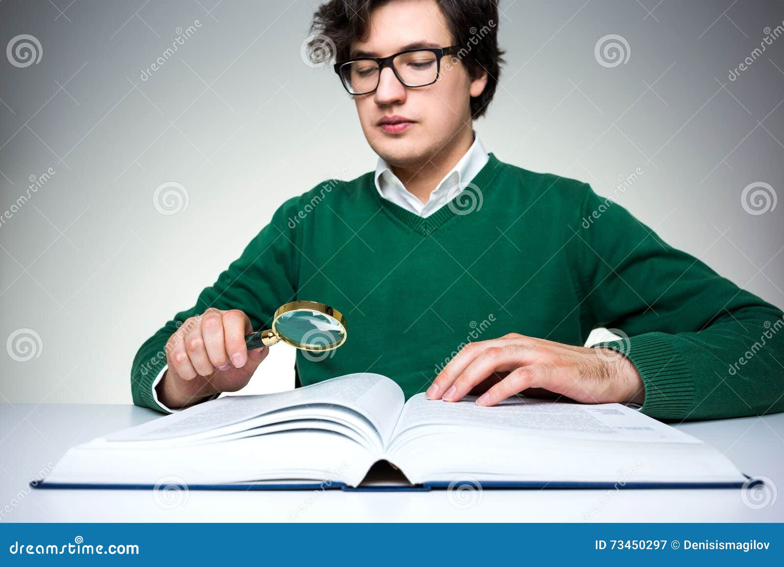 Reading with Magnifying Glass Stock Image - Image of desktop, green ...