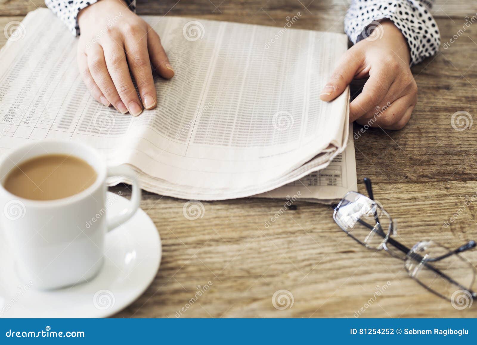 Reading Newspaper on Wooden Table Stock Photo - Image of newspaper ...