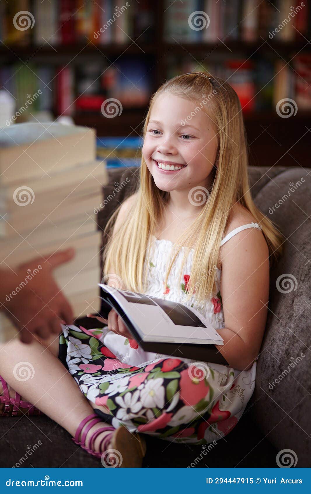 Reading, Stack of Books and Child in Library with Smile, Learning and ...