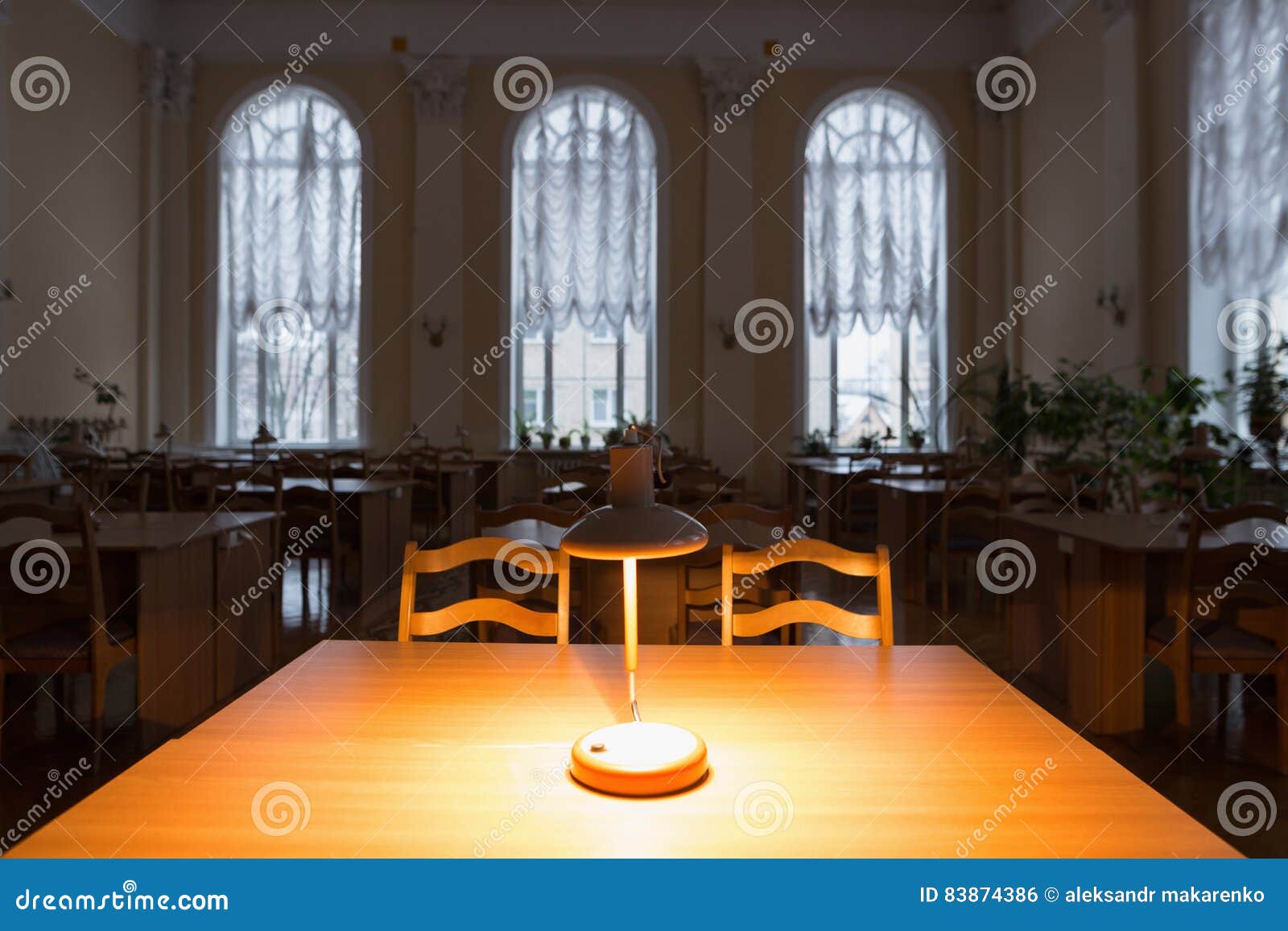 Reading at the Table with a Lamp in the Library Stock Photo - Image of ...
