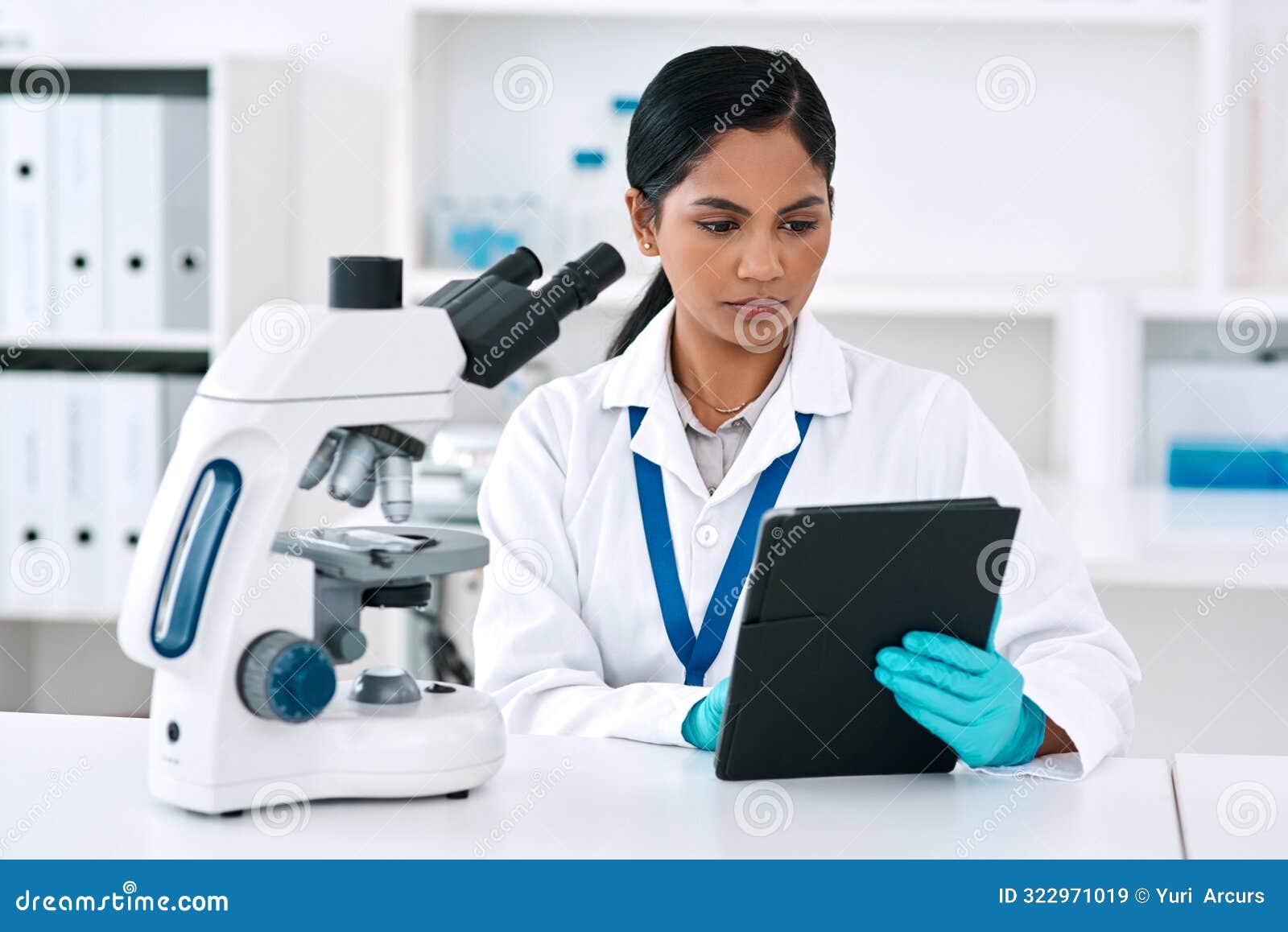 Reading, Tablet and Woman in Lab for Science, Research and Microscope ...