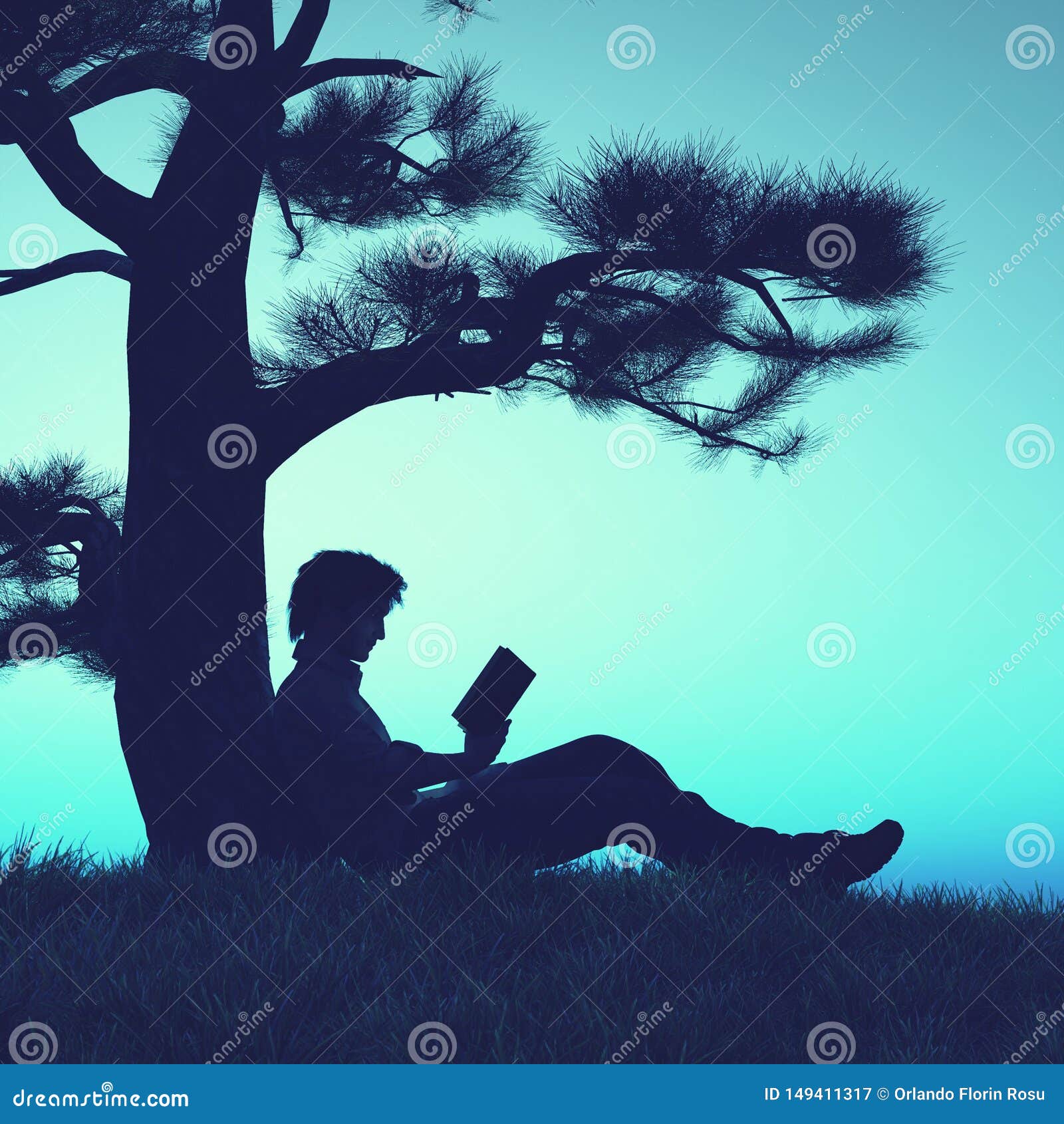 Reading under a tree stock illustration. Illustration of outdoor ...
