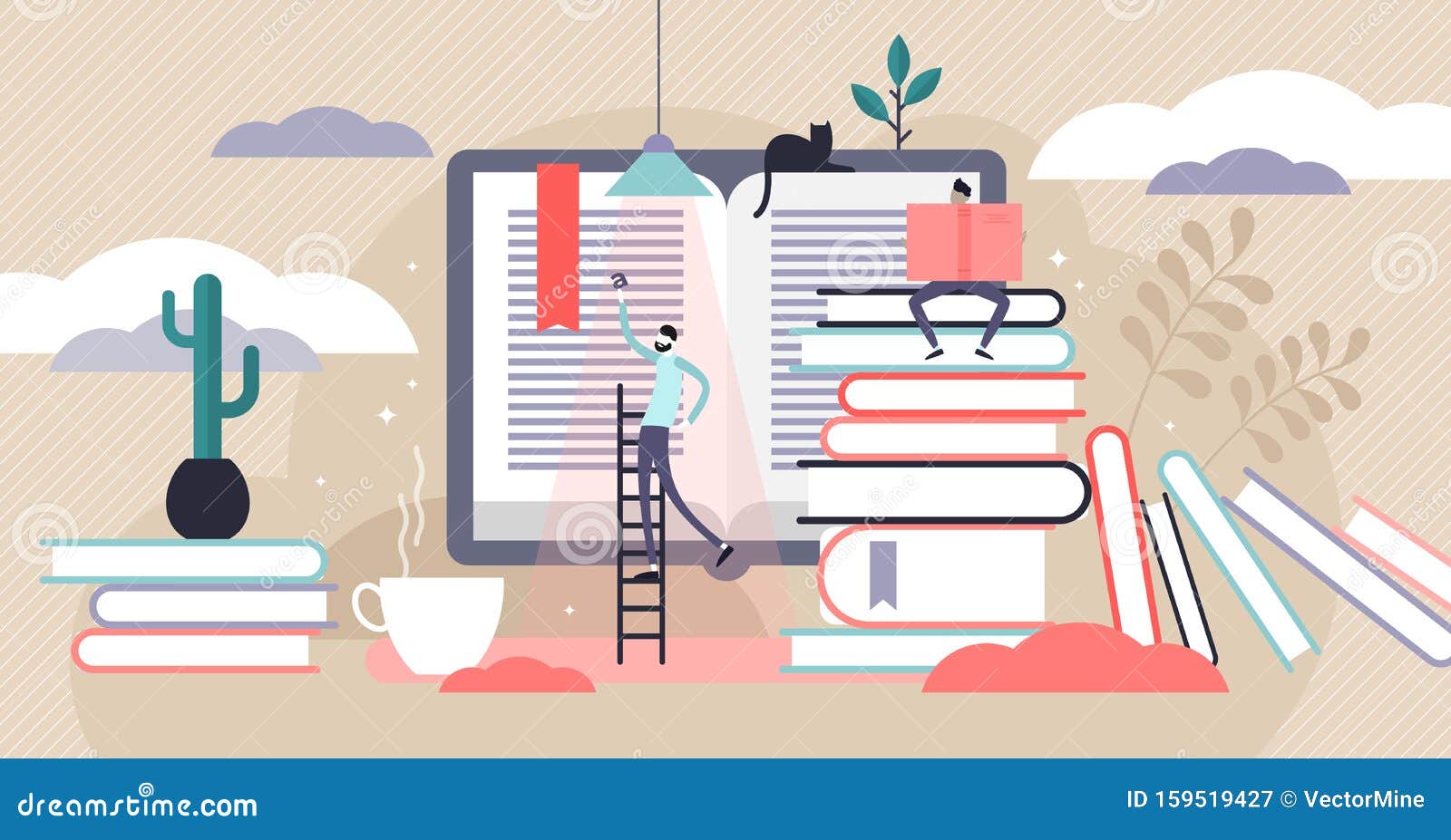 Reading Vector Illustration. Flat Tiny Paper Book Text Study Person ...