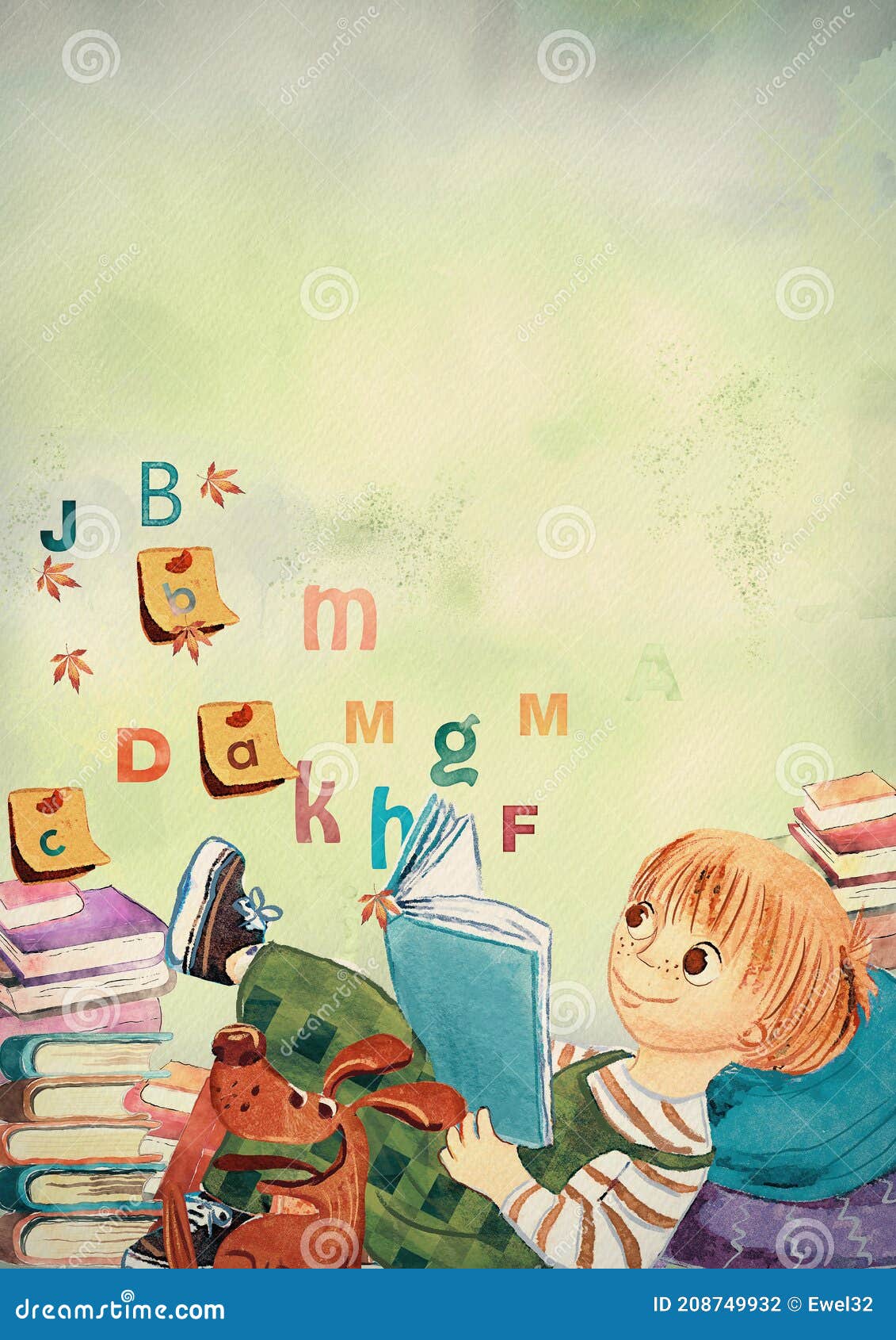 Reading. Watercolor Background for Children Stock Illustration ...