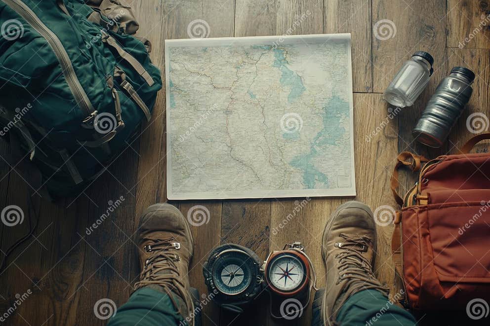 Ready for Adventure, Packed Backpack, Compass, and Map Stock Photo ...