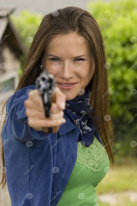 Ready Aim Fire Woman Points Revolver Handgun Stock Photo - Image of ...