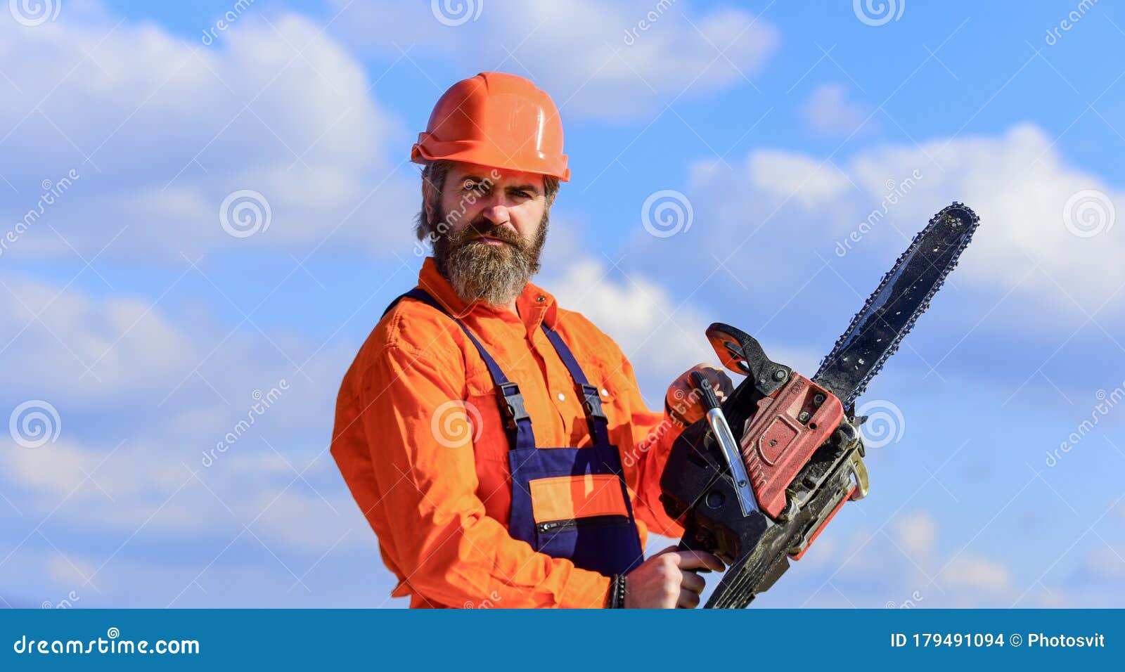 Ready for Challenges. Man Builder Chainsaw. Handyman Workshop ...